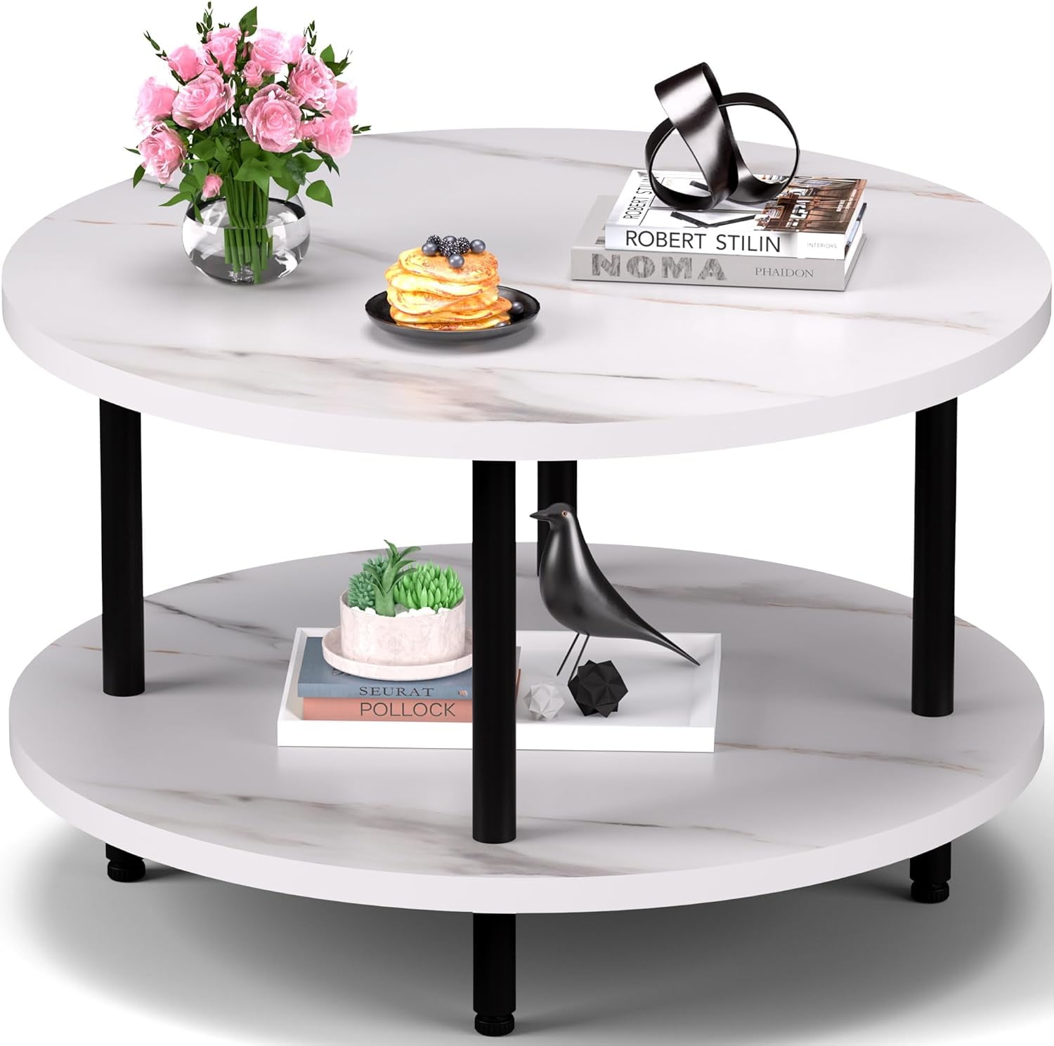 Coffee Table, 2 Tier Coffee Tables for Living Room, Round Coffee Table with Storage, Floor Table ...