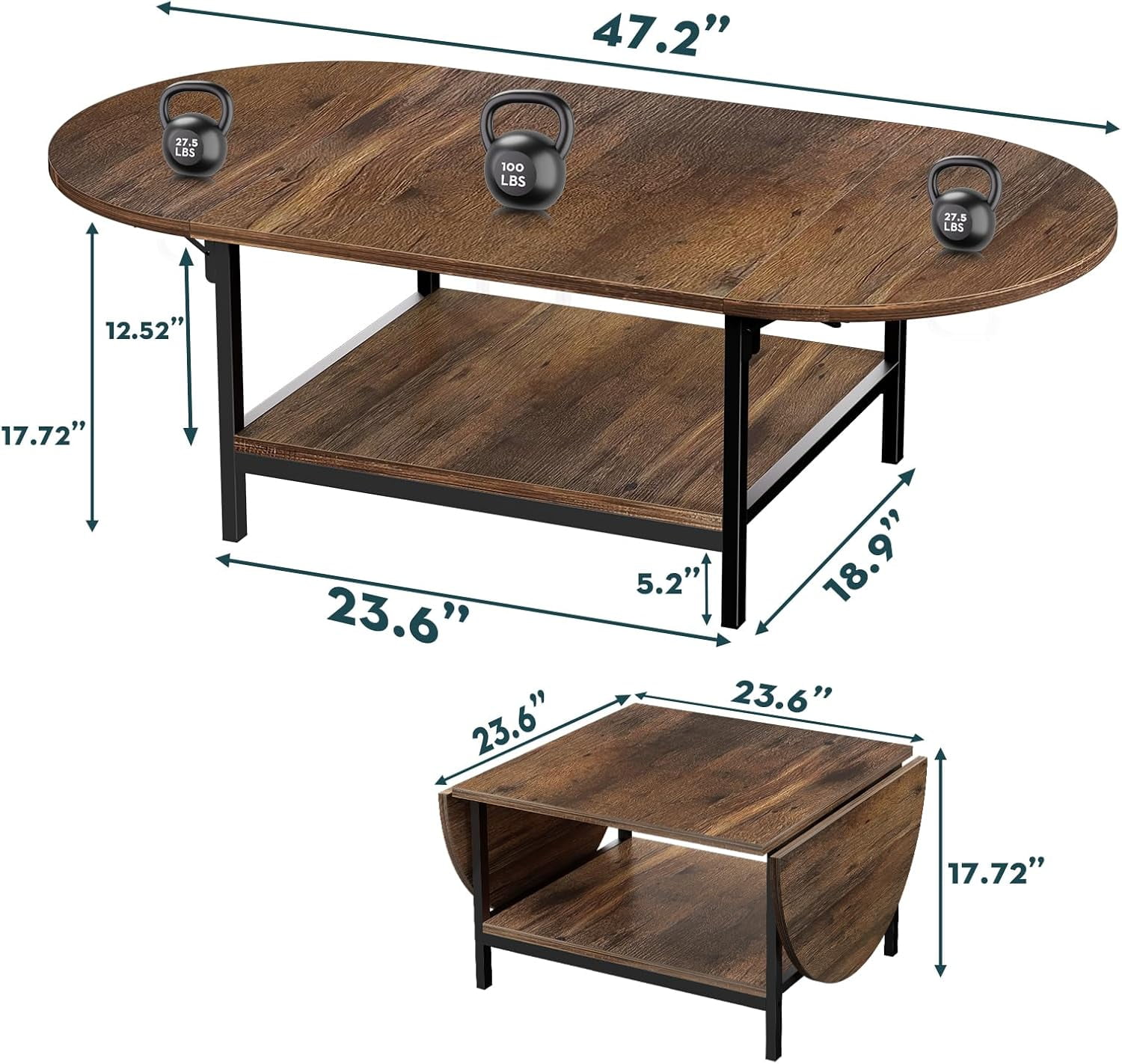 Coffee Table 2-Tier Folding with Storage for Living Room Mid Vintage Extendable Table Rustic ...
