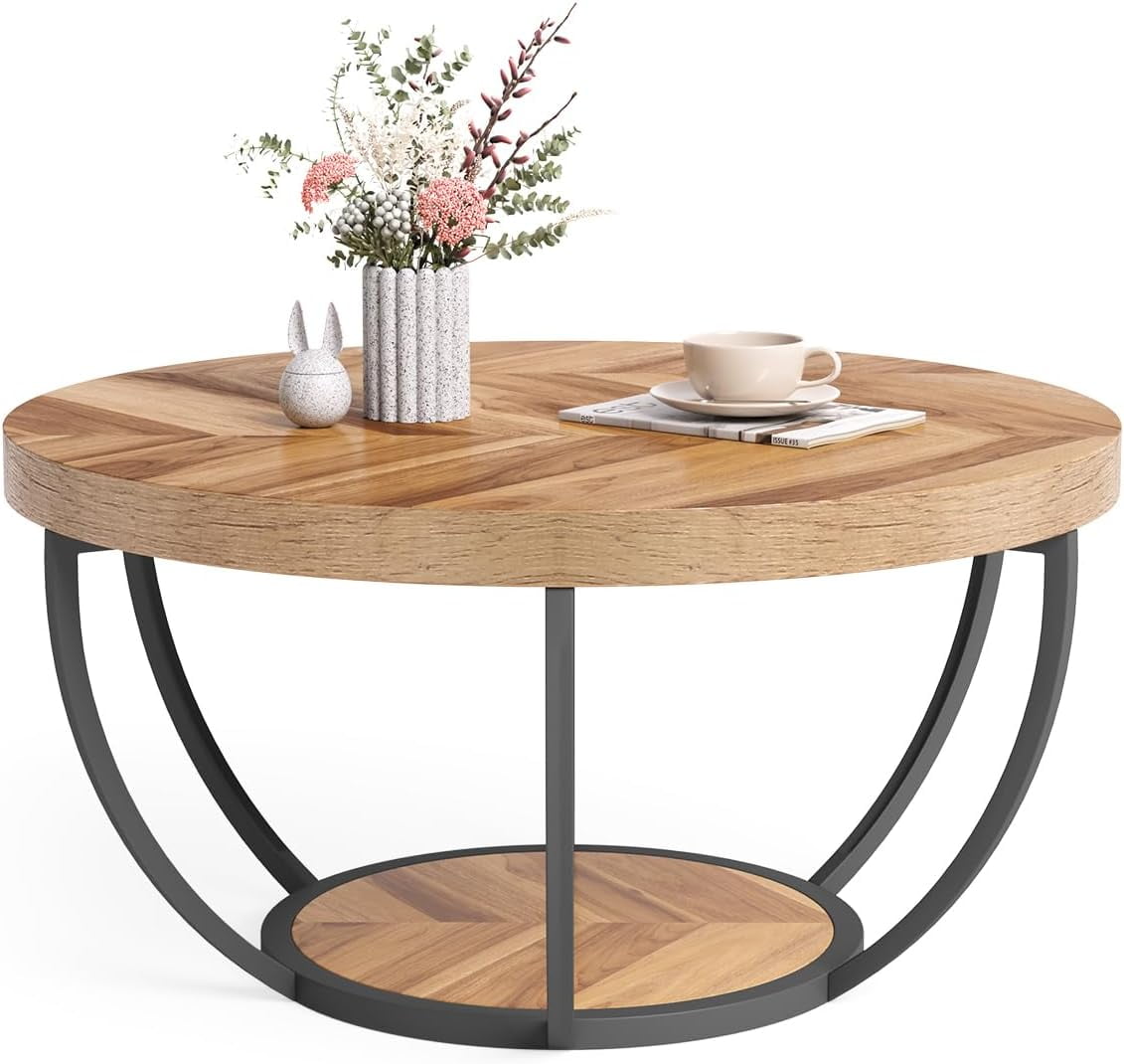 Coffee Table, 32" Circle Coffee Table for Living Room, 2-Tier Wood ...