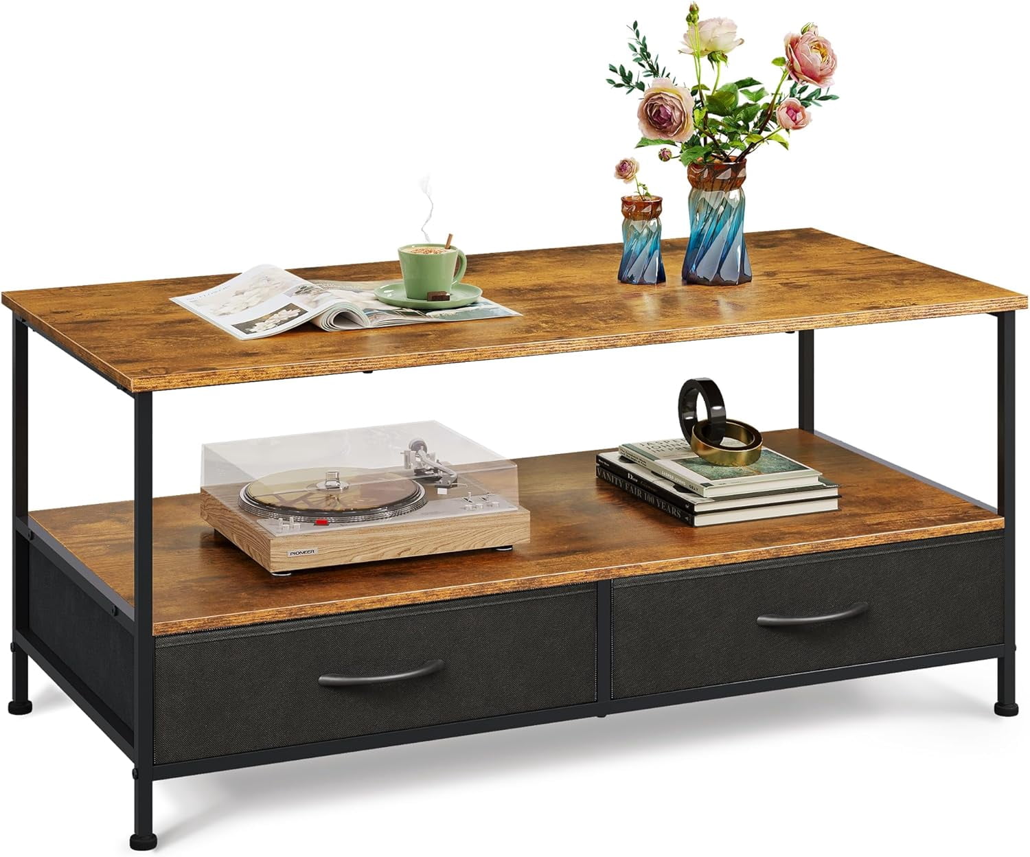 Coffee Table, 39" Coffee Table with Storage & Drawers, 2-Tier Wood ...