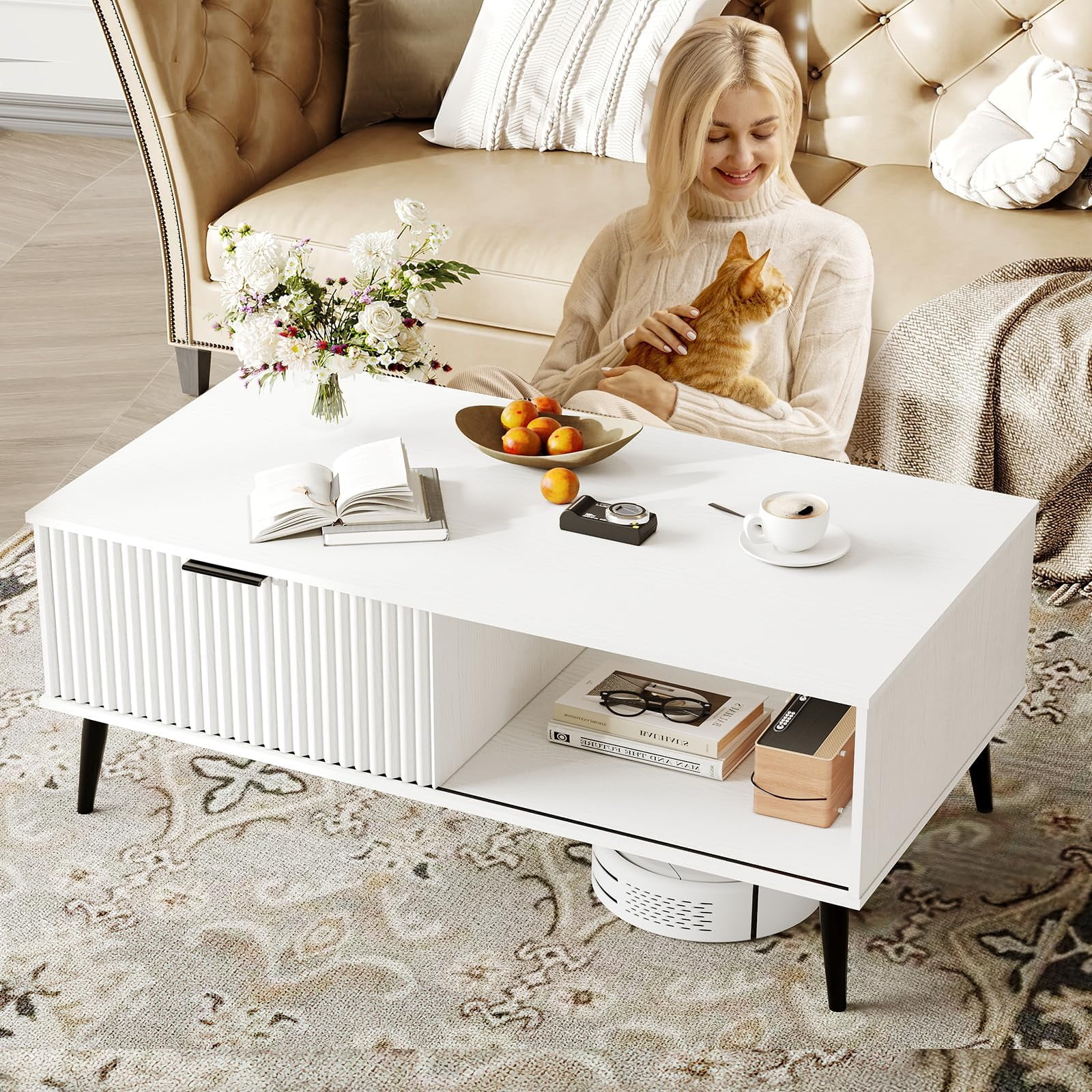 Coffee Table, 41.34" Wooden Coffee Table with Storage Cabinet, Two-Tier ...