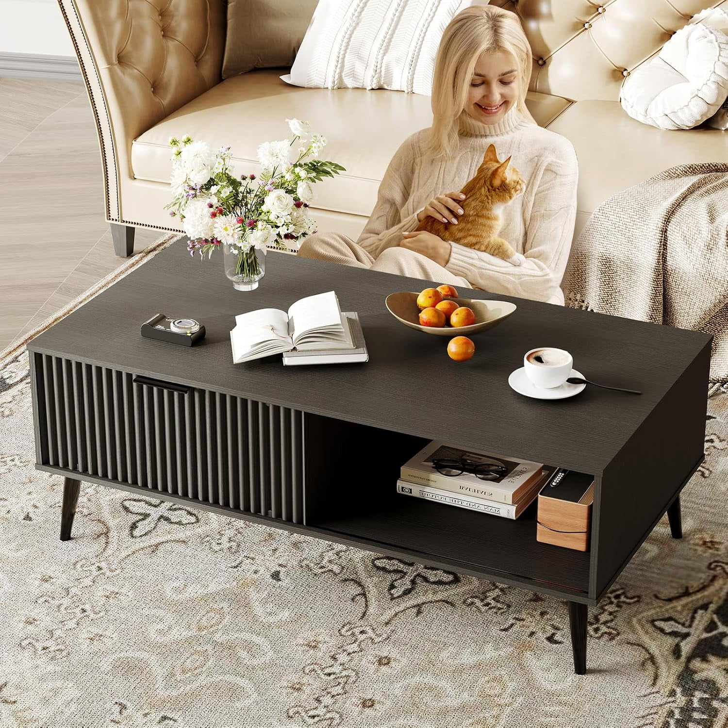 Coffee Table with Ample Storage, Wooden Coffee Tables with Sliding Door ...