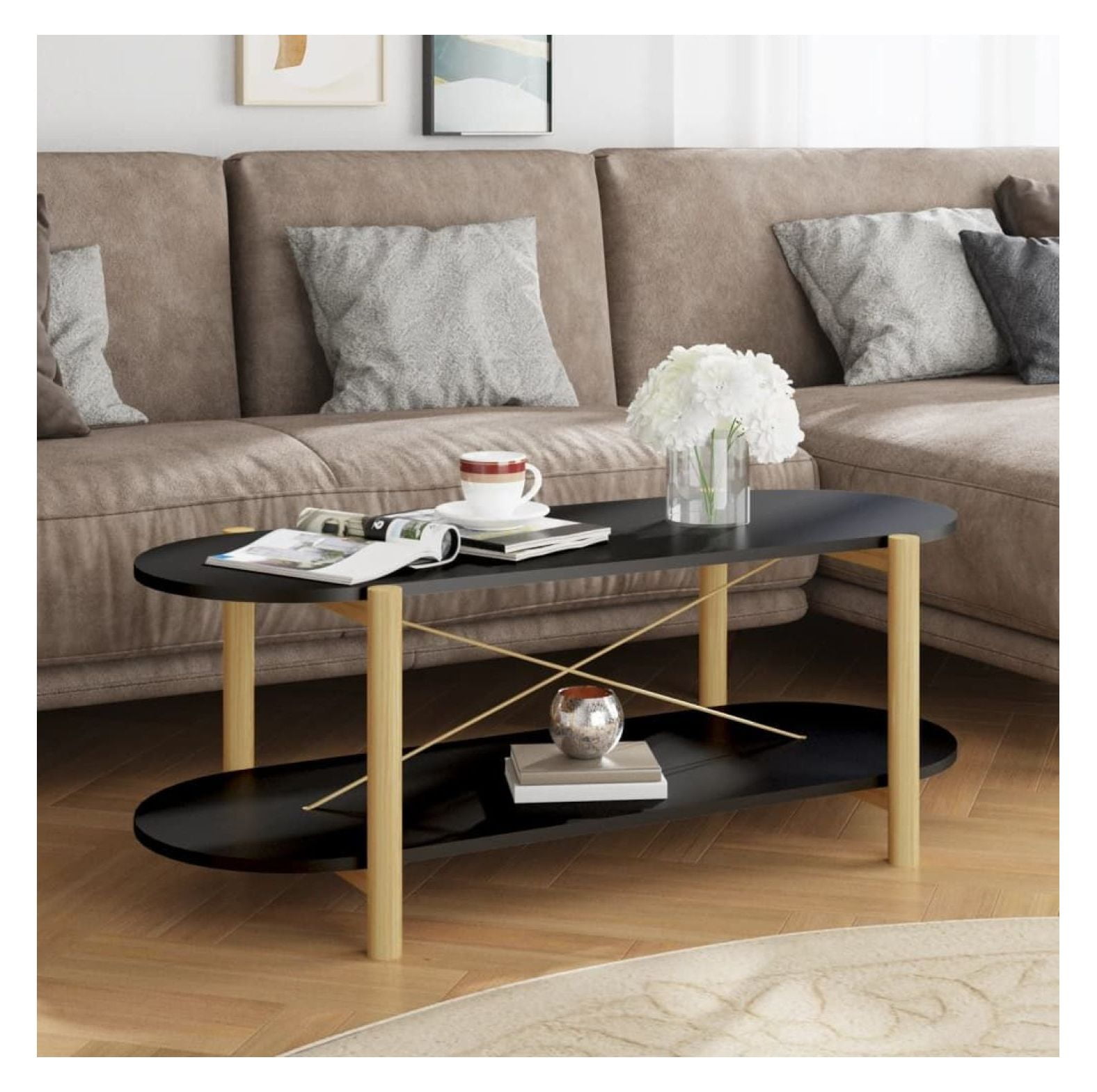 Coffee Table Black 43.3"x18.9"x15.7", Engineered Wood Living Room Table ...