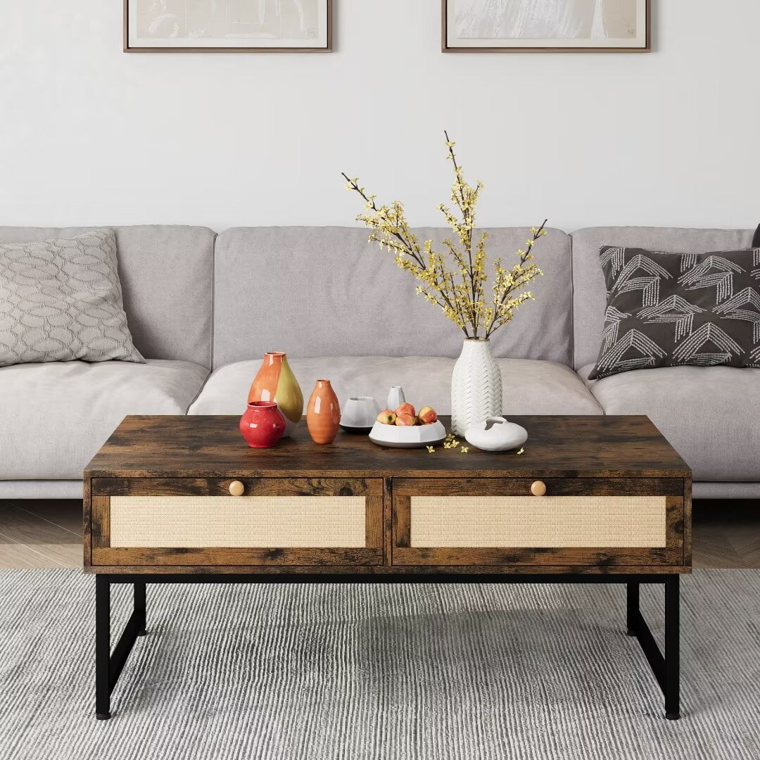 Coffee Table, Boho Center Table with Rattan Drawers, Rectangular Coffee ...