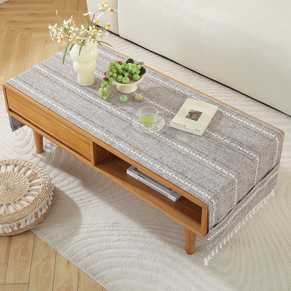 Coffee Table Cloth Table Cover with Pockets and Tassel Cotton Linen ...