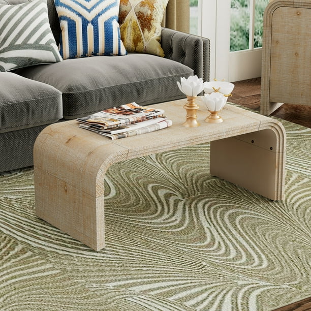 Coffee Table with Curved Art Deco Design Wooden Rectangle Center Table with Adjustable Foot Side Table for Small Space for Living Room Dining