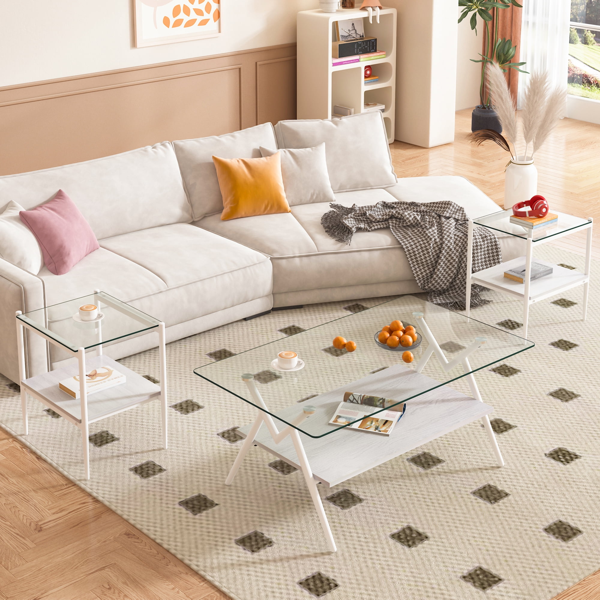 Coffee Table and End tables Set of 3,Tempered Glass Table with MDF ...