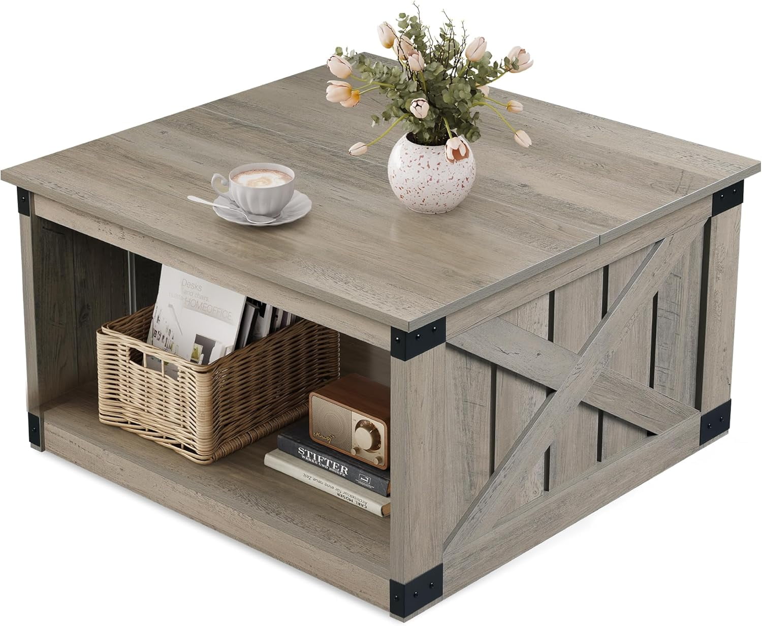 Coffee Table, Farmhouse Coffee Table with Open Storage, 31.5" Wood ...