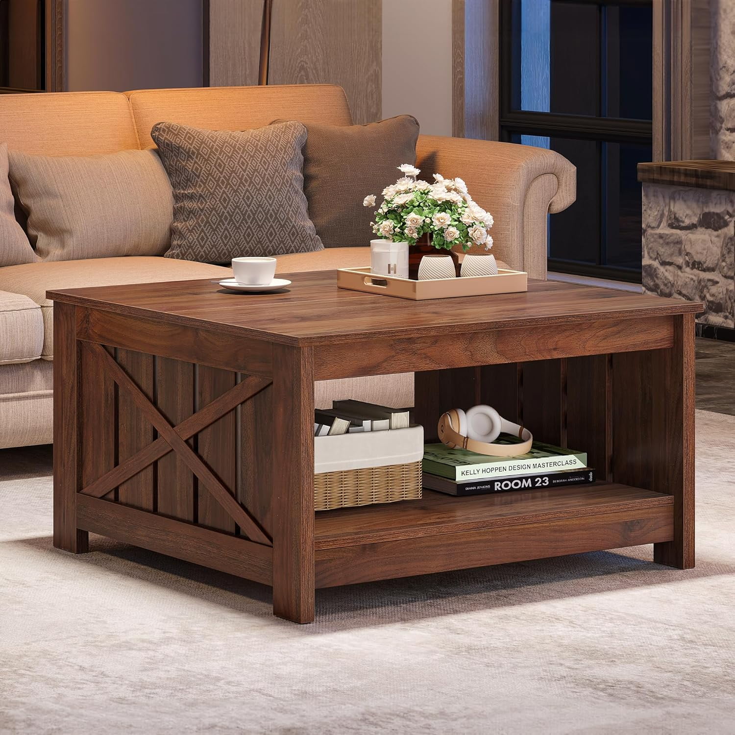 Coffee Table Farmhouse Coffee Table with Storage Rustic Wood Cocktail ...