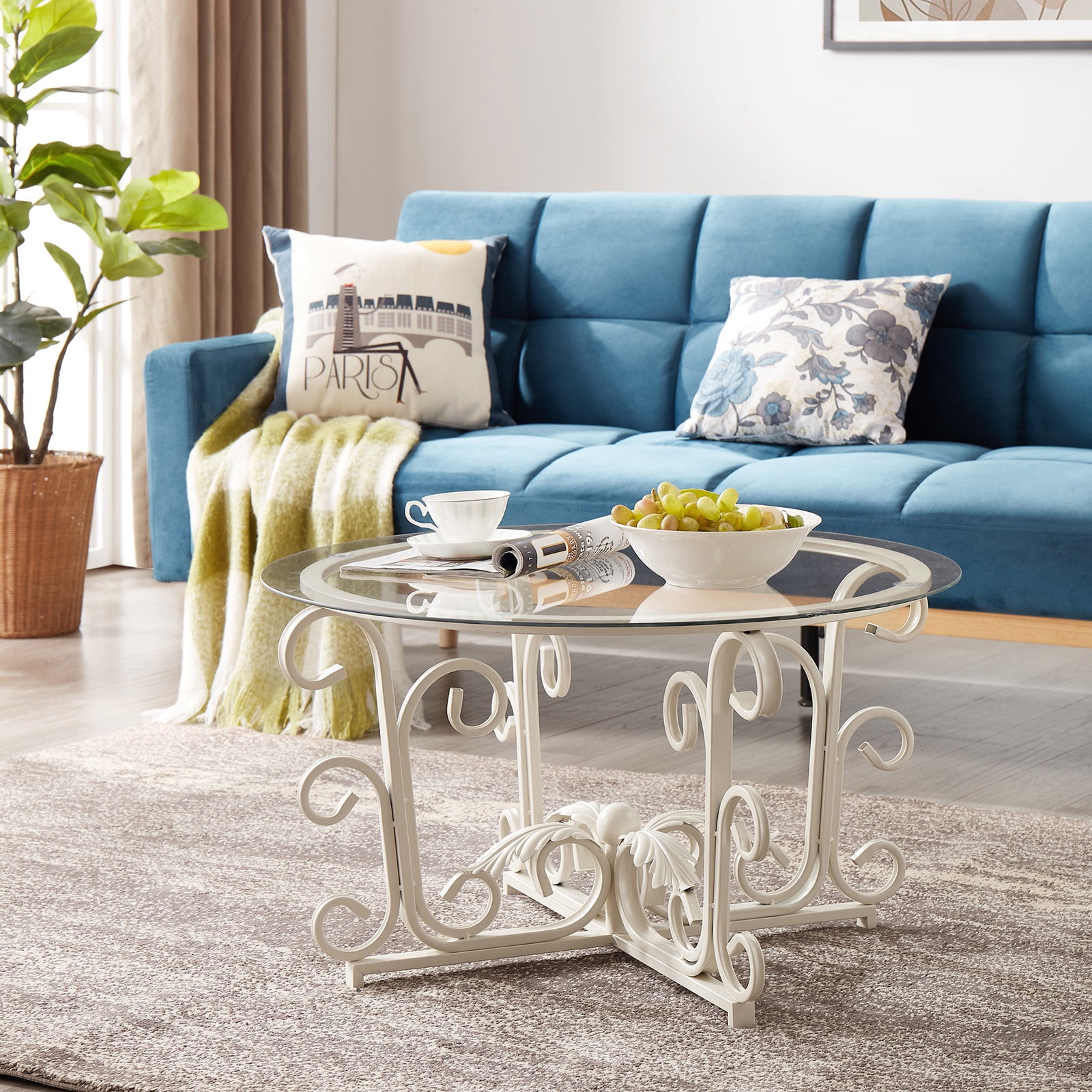 Coffee Table Glass Top With Sturdy Iron Leaf-shape Base, Leisure ...