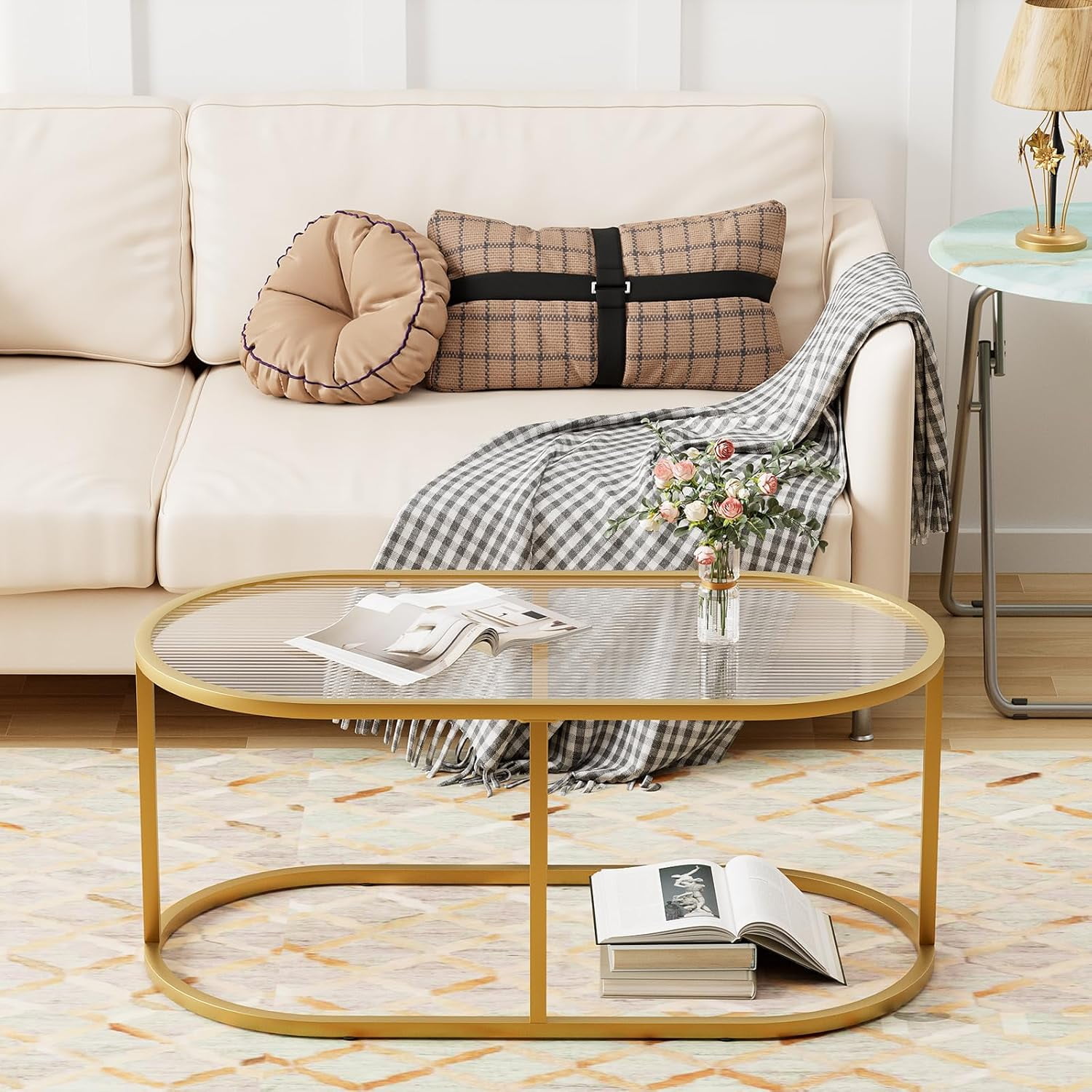 Coffee Table Gold Glass Coffee Table for Living Room, Oval Table Center ...