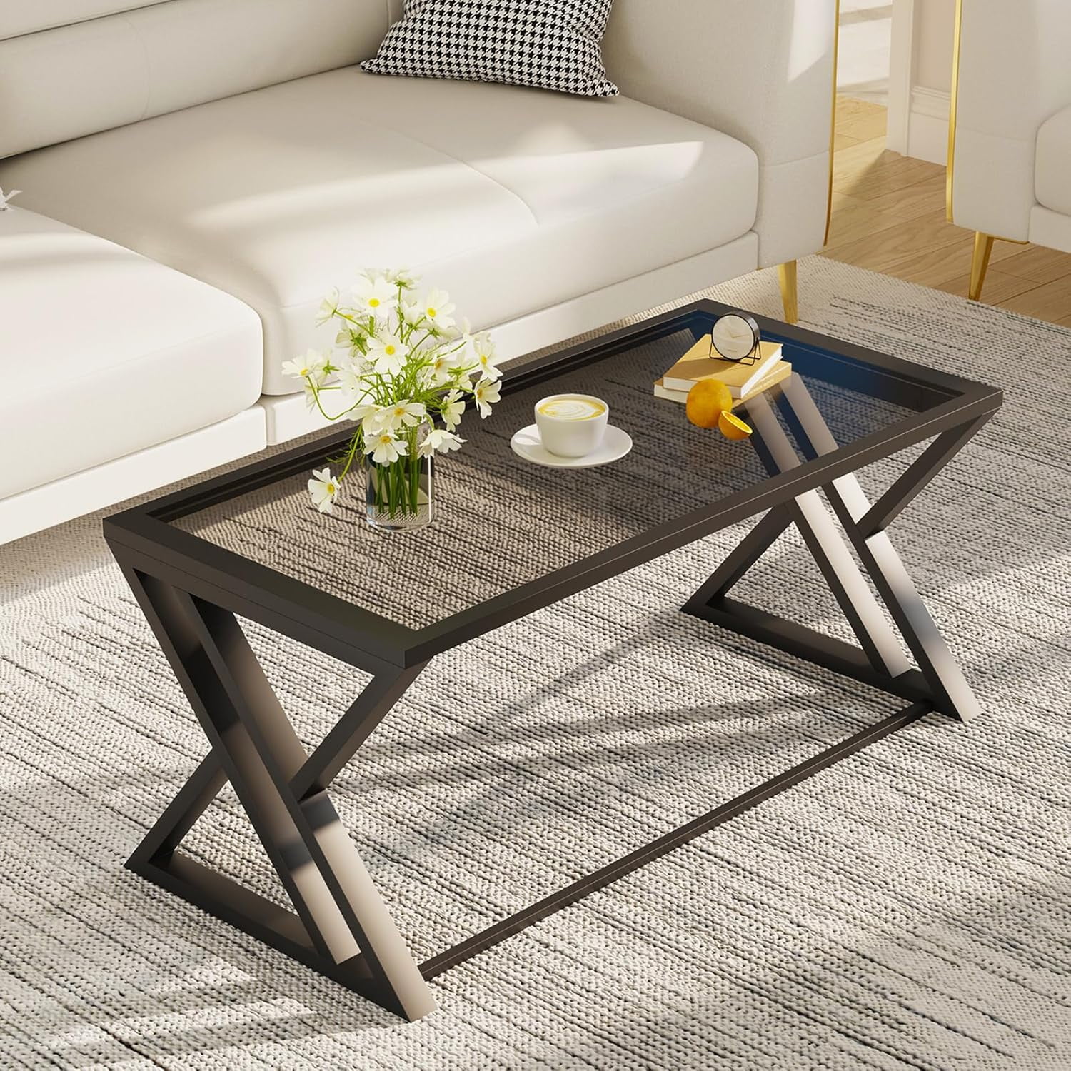 Coffee Table Grey Glass Coffee Table for Living Room,Modern Rectangular ...