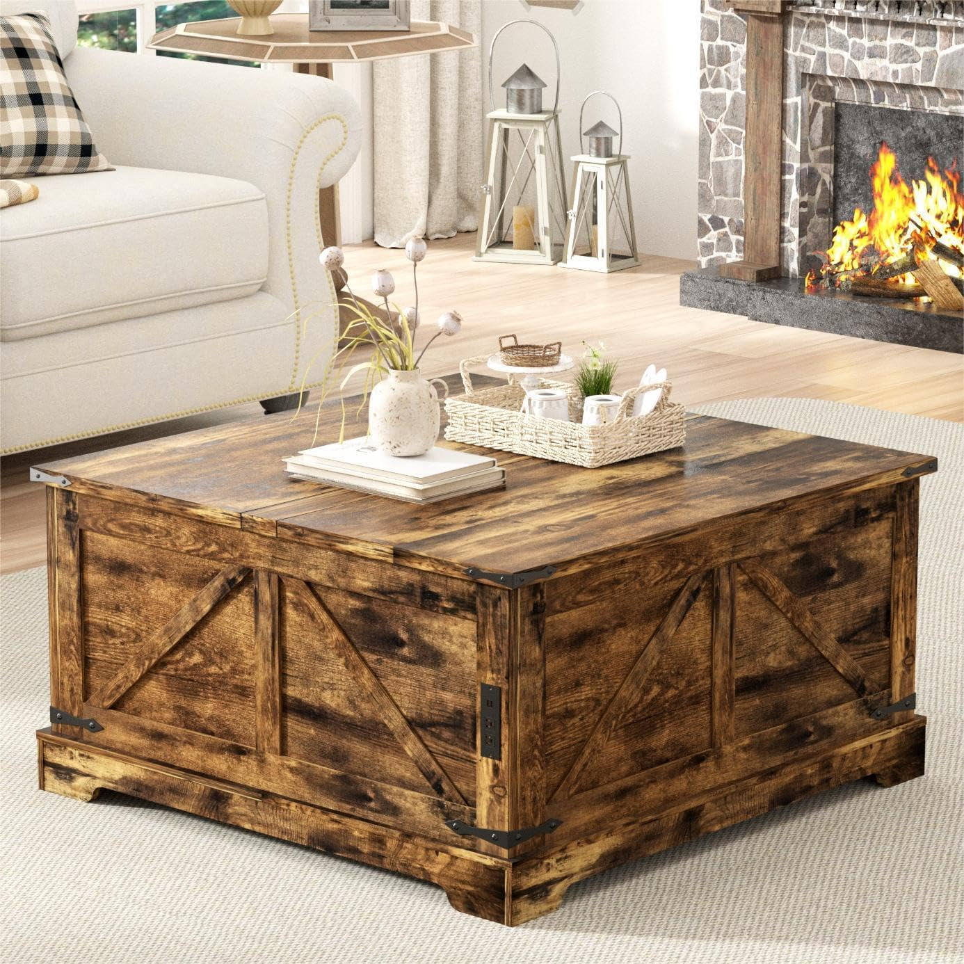 Coffee Table with Hidden Storage, 35.4" W Farmhouse Lift Top Wood ...