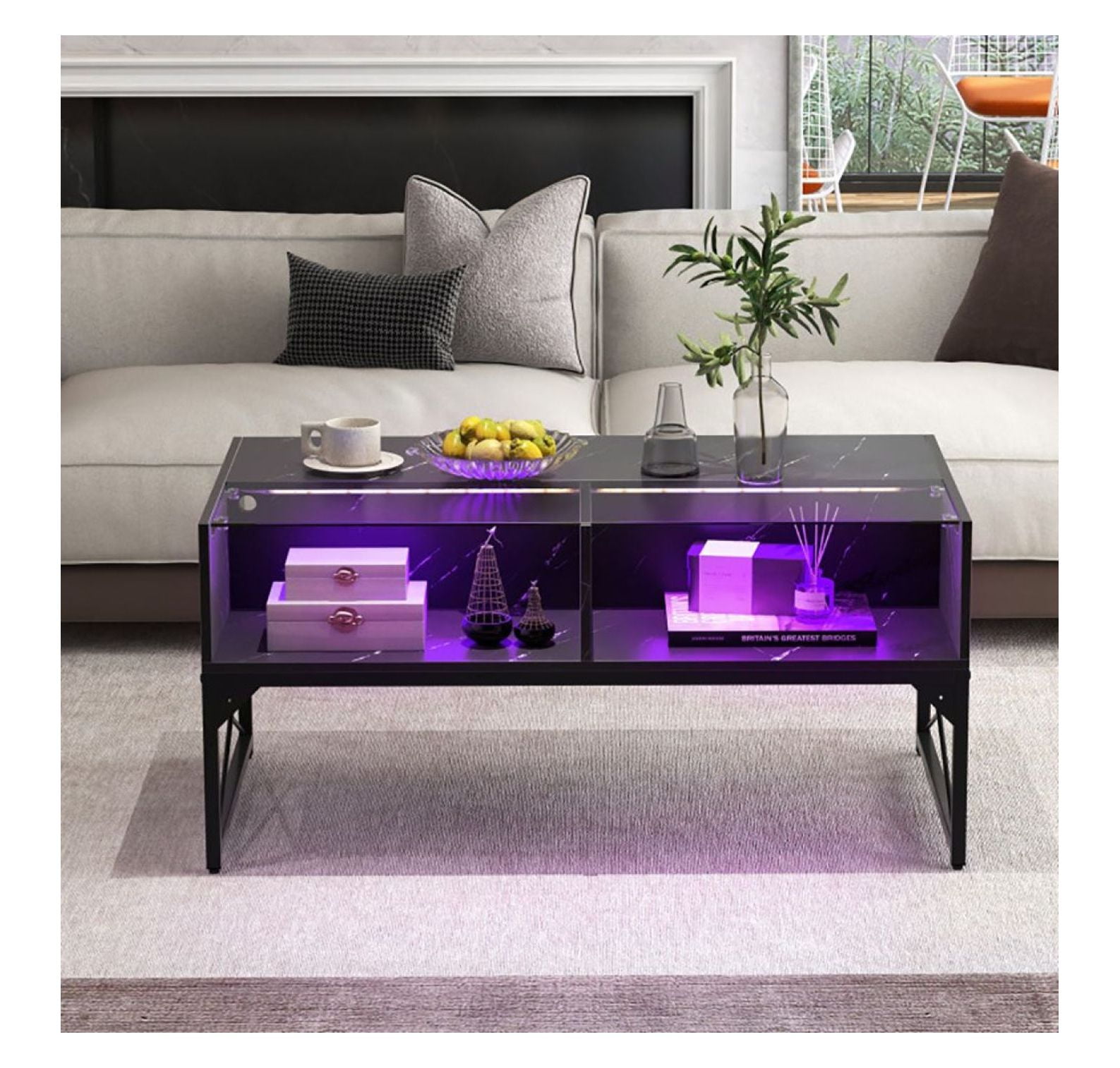 Coffee Table with LED Lights, Faux Marble & Tempered Glass Top - Black ...