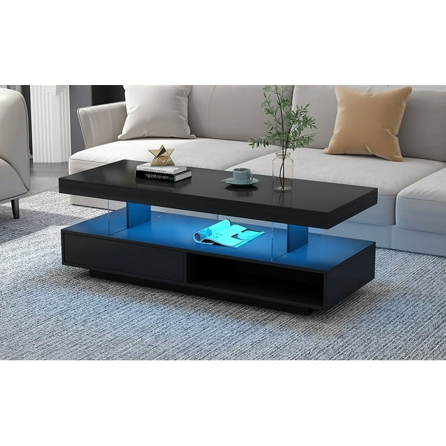 Coffee Table with LED Lights, Modern High End Coffee Table with 2 ...