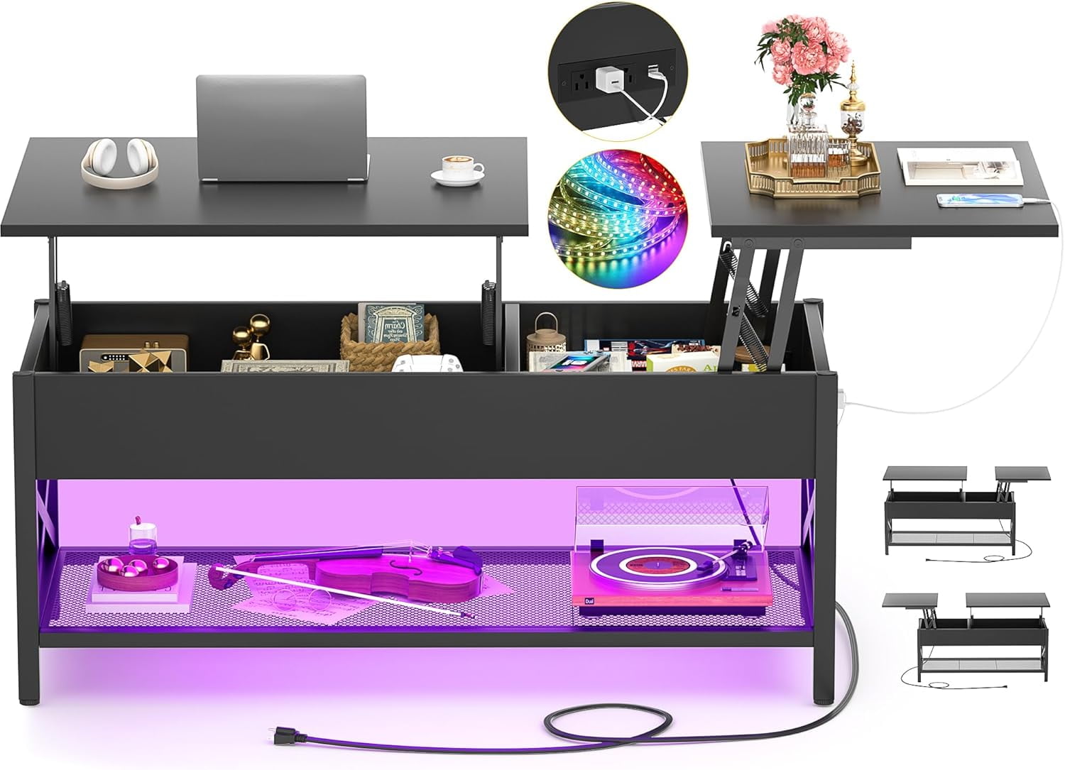 Coffee Table, Lift Top Coffee Table with Storage, LED Light & Power ...