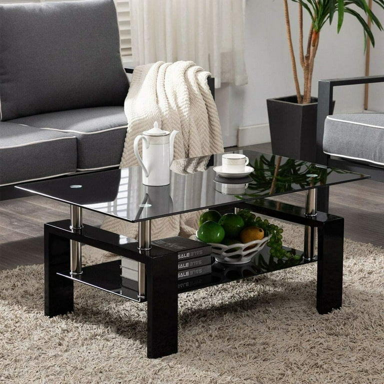 Coffee Table for Living Room Black Rectangle Coffee Table with Lower Shelf Modern Center Table with Metal Legs 39.37 inchx23.62 inchx17.7 inch