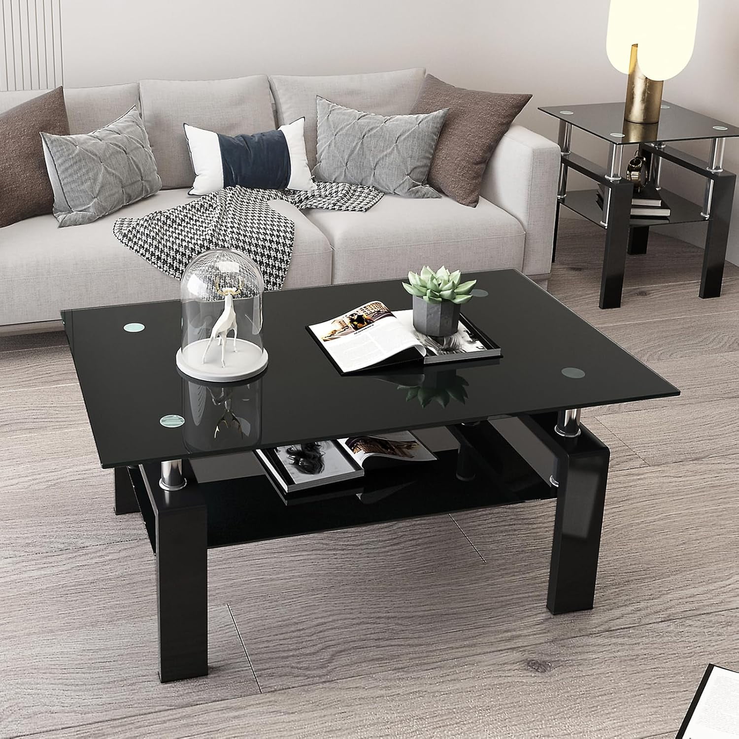 Coffee Table for Living Room Black Tempered Glass Metal Leg, Mordern ...