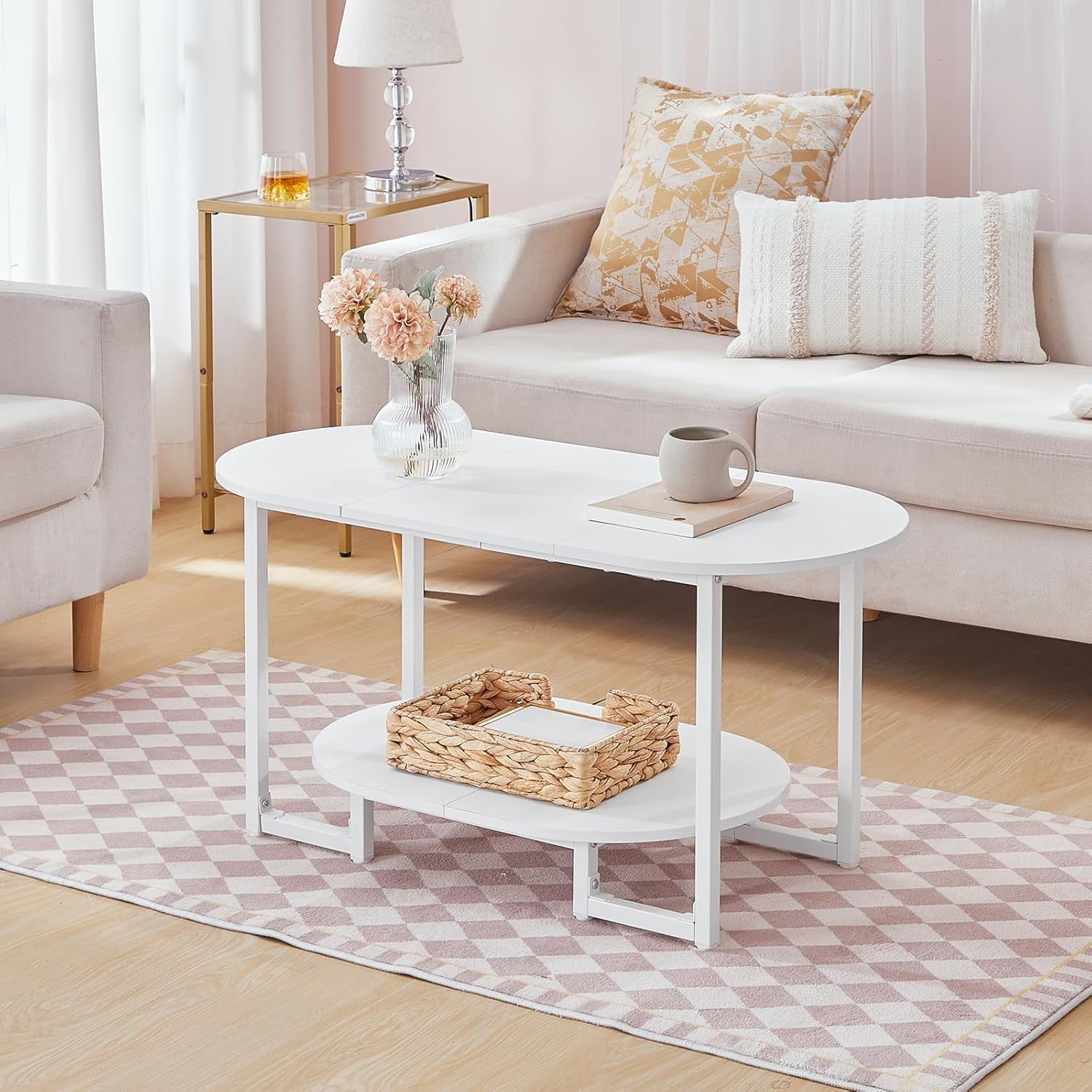 Coffee Table for Living Room, Oval Small Coffee Table with 2-Tier Open ...