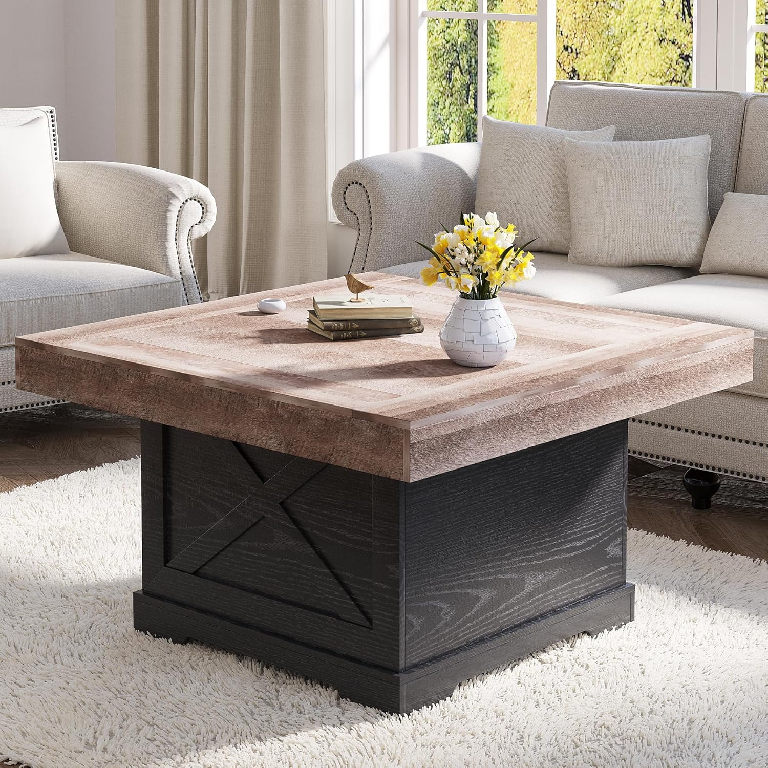 Coffee Table for Living Room Square Farmhouse Style Center Table 31.5 inch Wooden Rustic ...