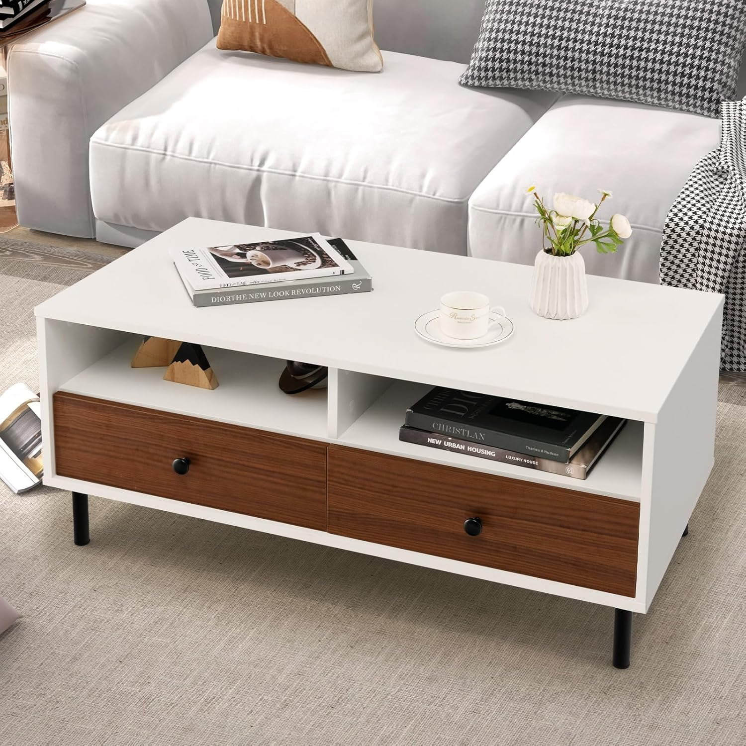 Coffee Table, Modern Center Table w/Drawers & Storage Shelves, Wood ...
