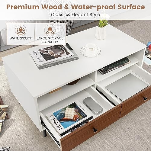 Coffee Table, Modern Center Table w/Drawers & Storage Shelves, Wood ...