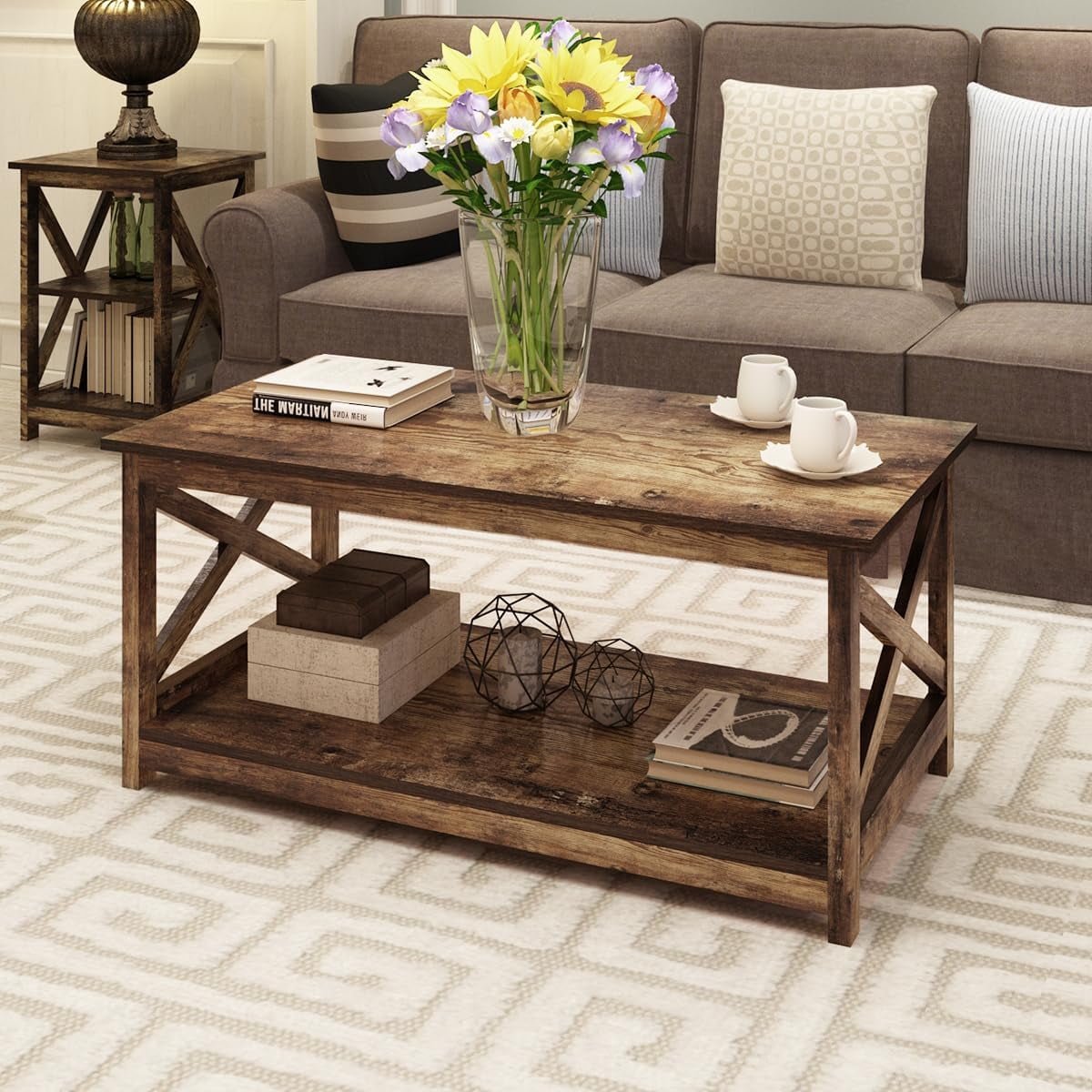 Coffee Table, Modern Farmhouse Wood Coffee Table with 2-Tier Storage ...
