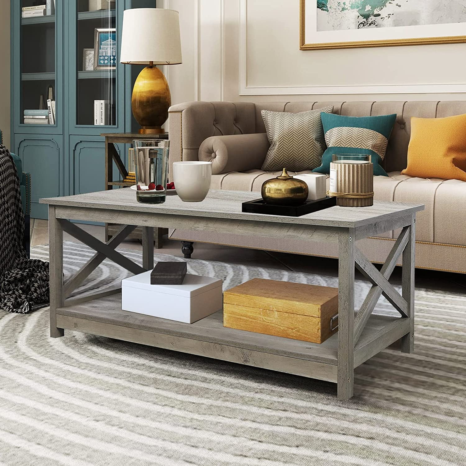 Coffee Table, Modern Farmhouse Wood Coffee Table with 2-Tier Storage ...