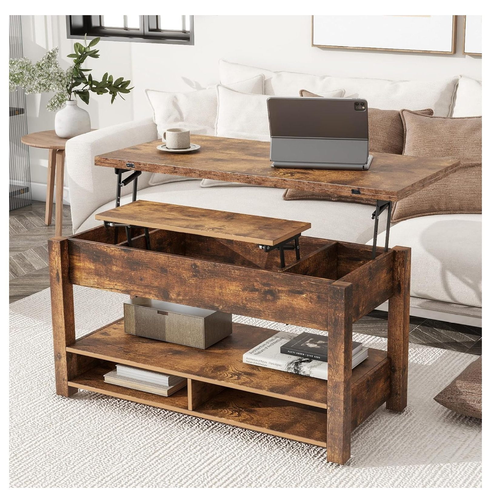 Coffee Table, Modern Lift Top Coffee Table with Open Shelves ...