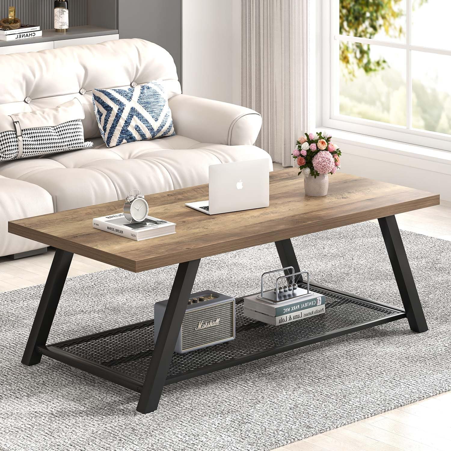 Coffee Table, Modern Rustic Wood and Metal Center Table with Storage ...