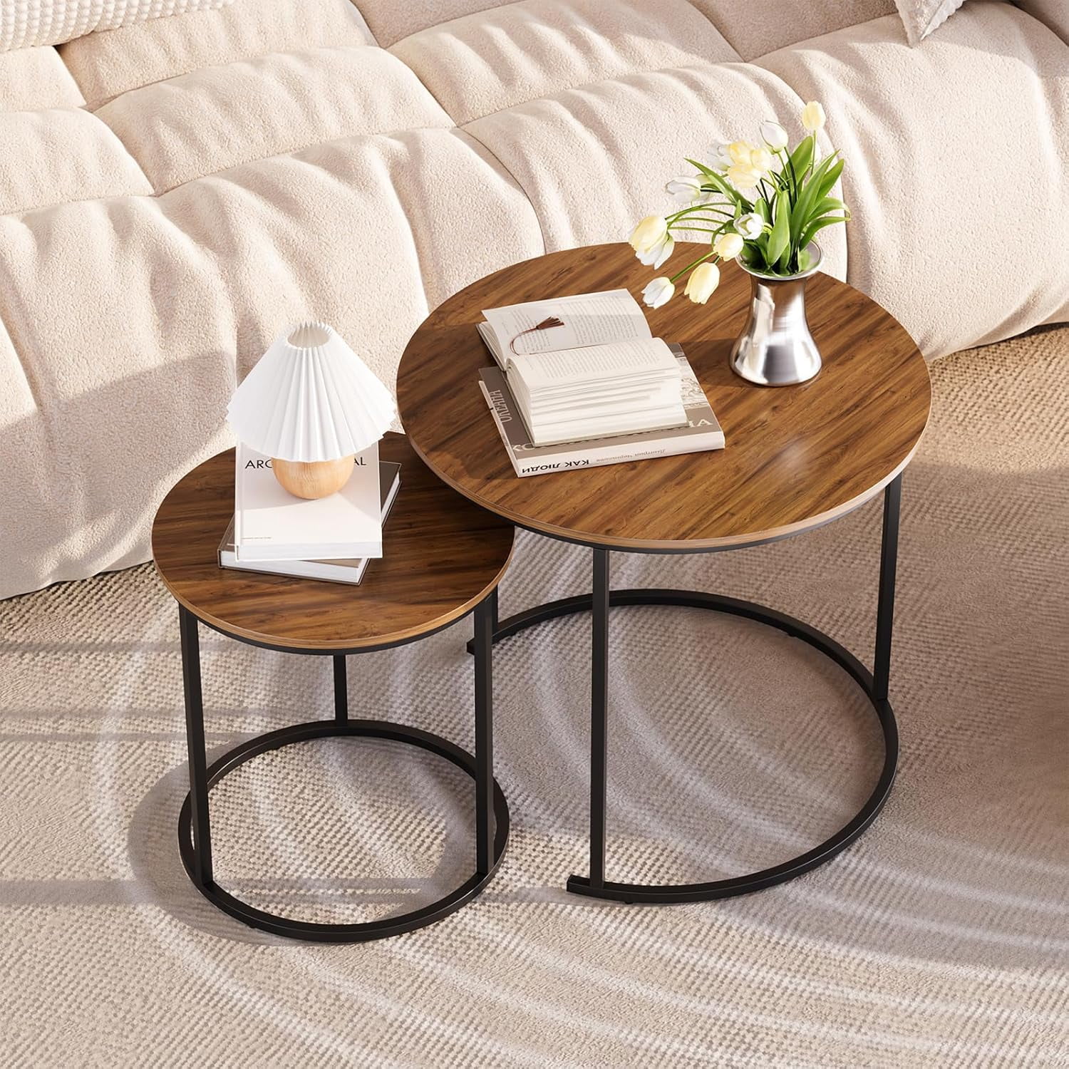 Coffee Table Nesting Rustic Brown Set of 2 Side - Black Frame and Round ...