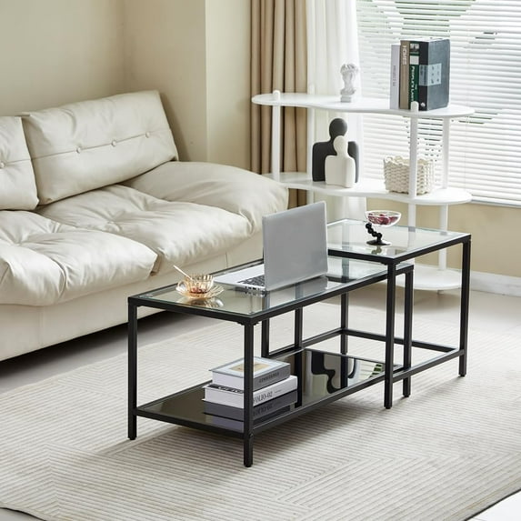 Coffee Table Nesting Set of 2, Center Coffee Table Set with Tempered ...