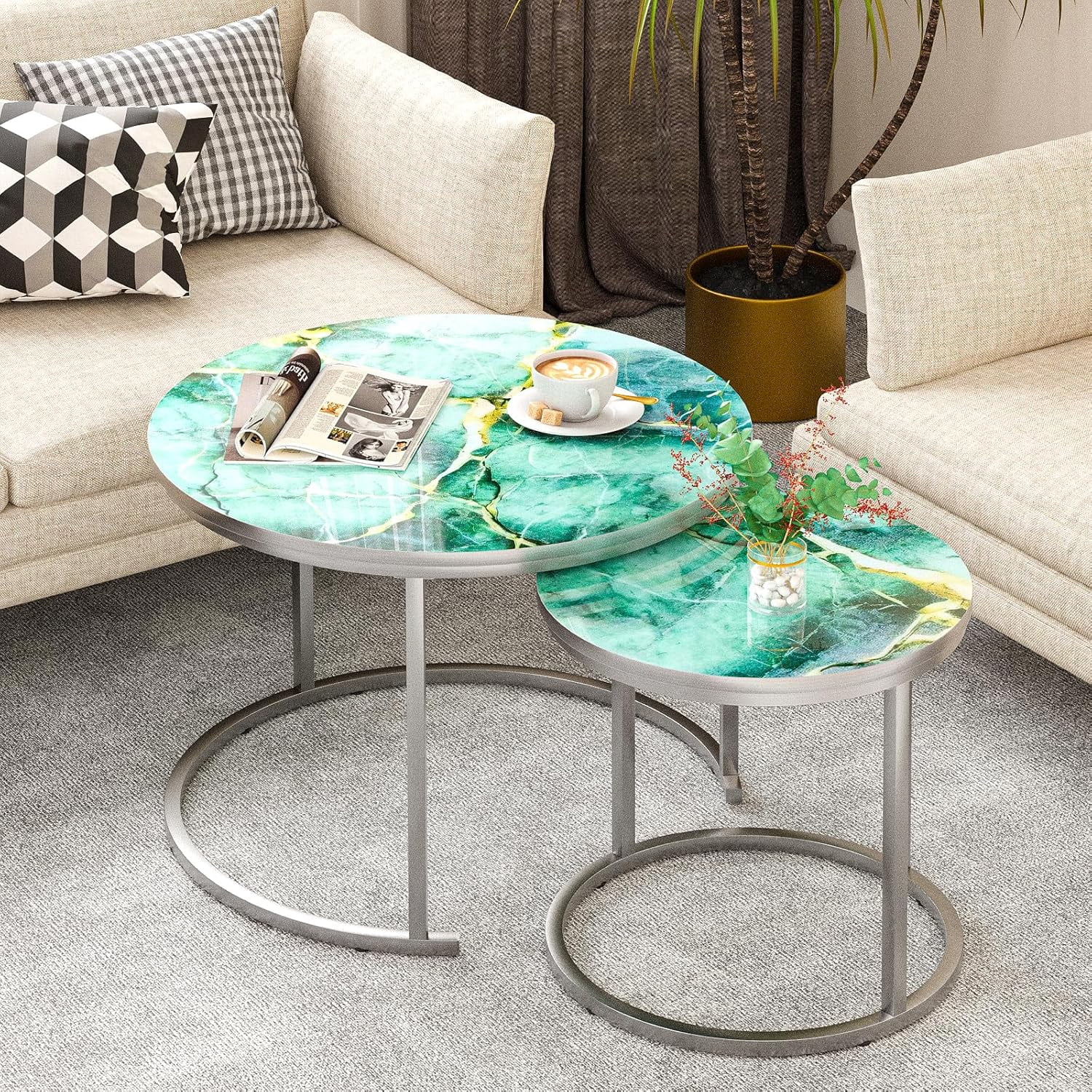 Coffee Table Nesting White Set of 2 Side Set Golden Frame Circular ...