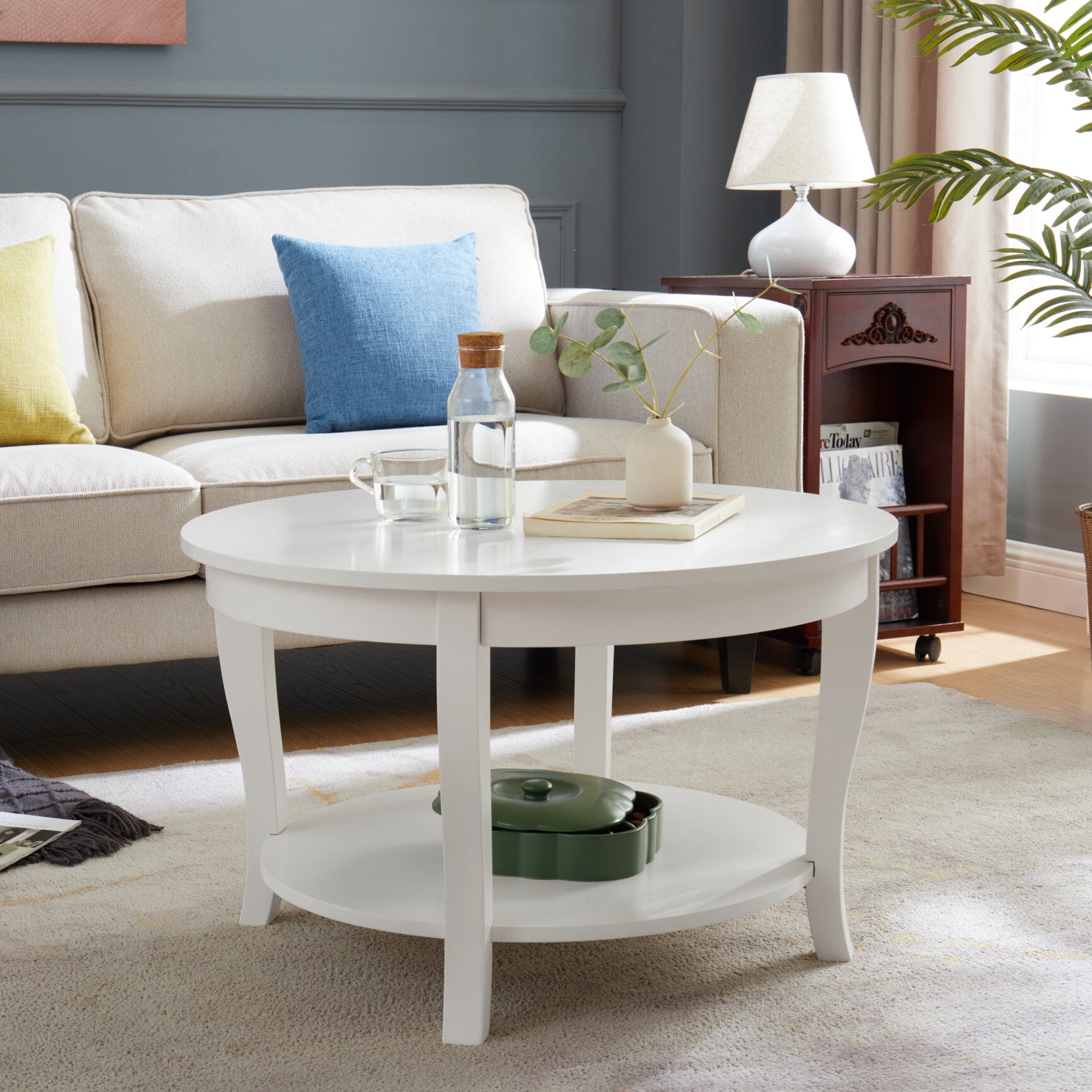 Coffee Table with Open Storage Space, 2-Tier Storage Circle Accent Table, Wooden Round Side ...