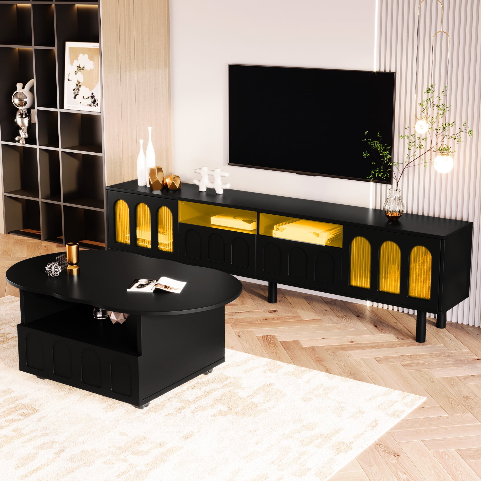 Coffee Table With Portable Wheels, Led , 80" Tv Compatible Stand, Black ...
