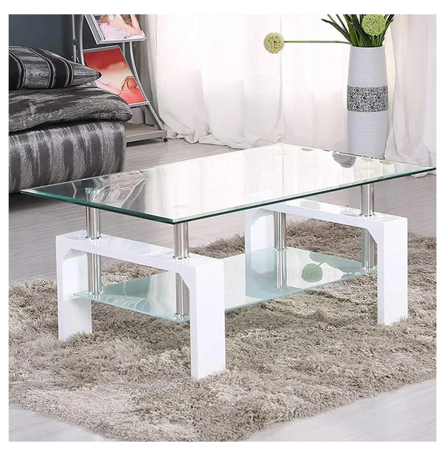 Coffee Table, Rectangle Glass Top with Glass Shelf 2-Tier Modern Coffee ...