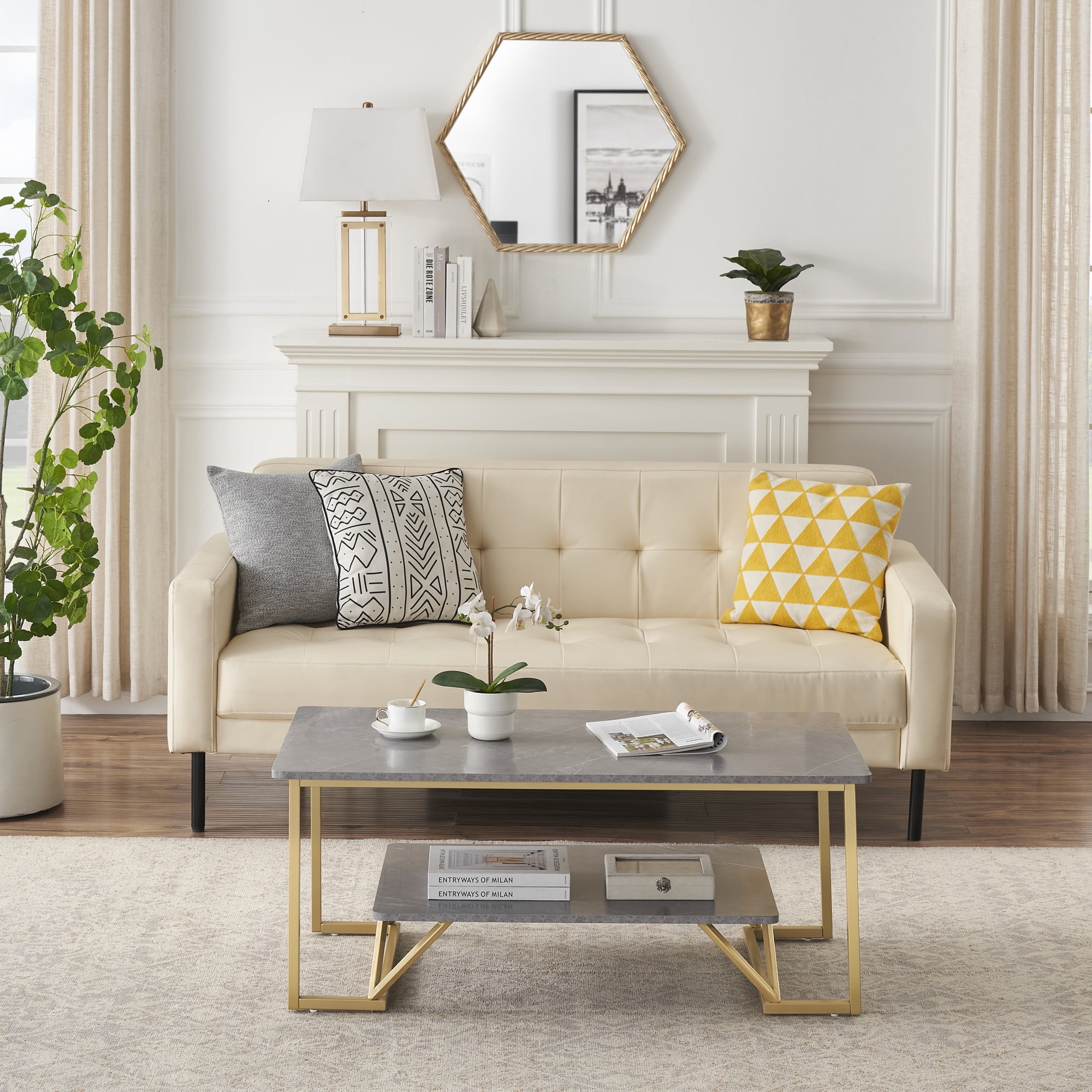 Coffee Table Rectangular 2-Tier W/Gold Print Metal Frame and Hollow ...