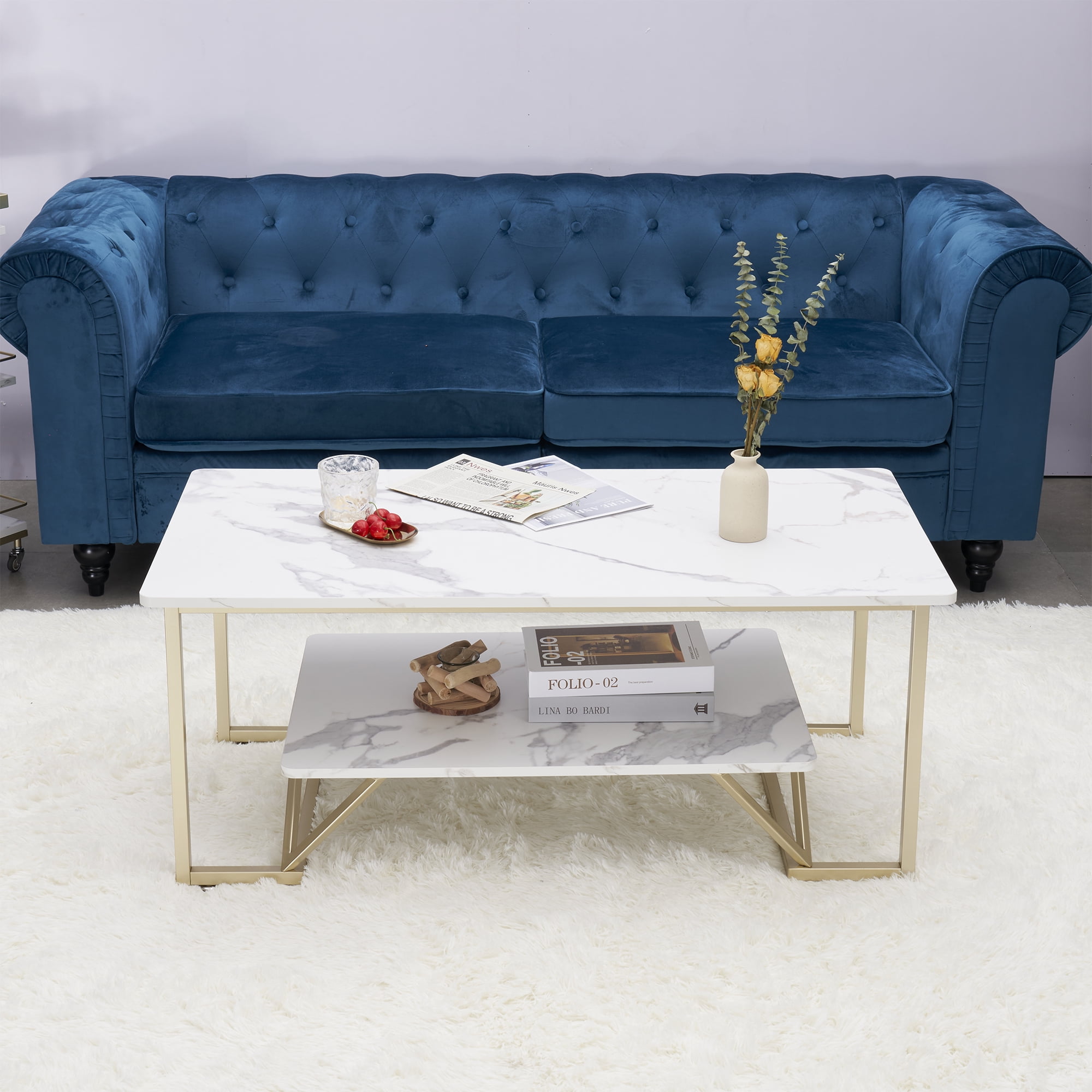 Coffee Table Rectangular 2-Tier W/Gold Print Metal Frame and Hollow ...