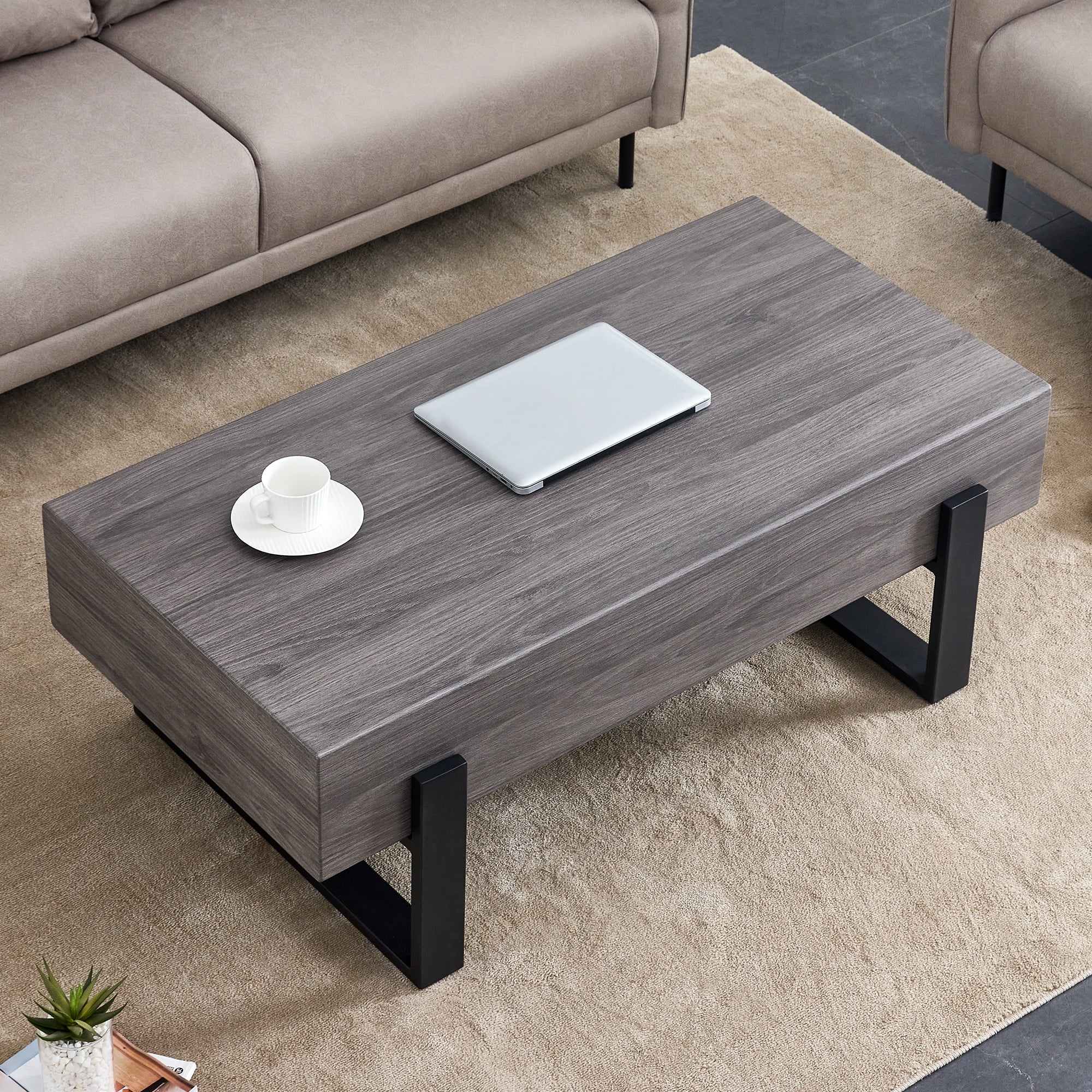 Coffee Table Rectangular Wood Rustic Style Table With Black Metal Legs ...