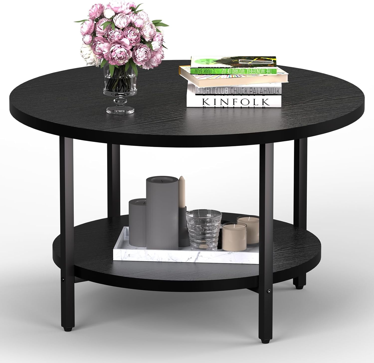 Coffee Table Round, 27.5" 2-Tier Circle Coffee Table with Storage Shelf ...