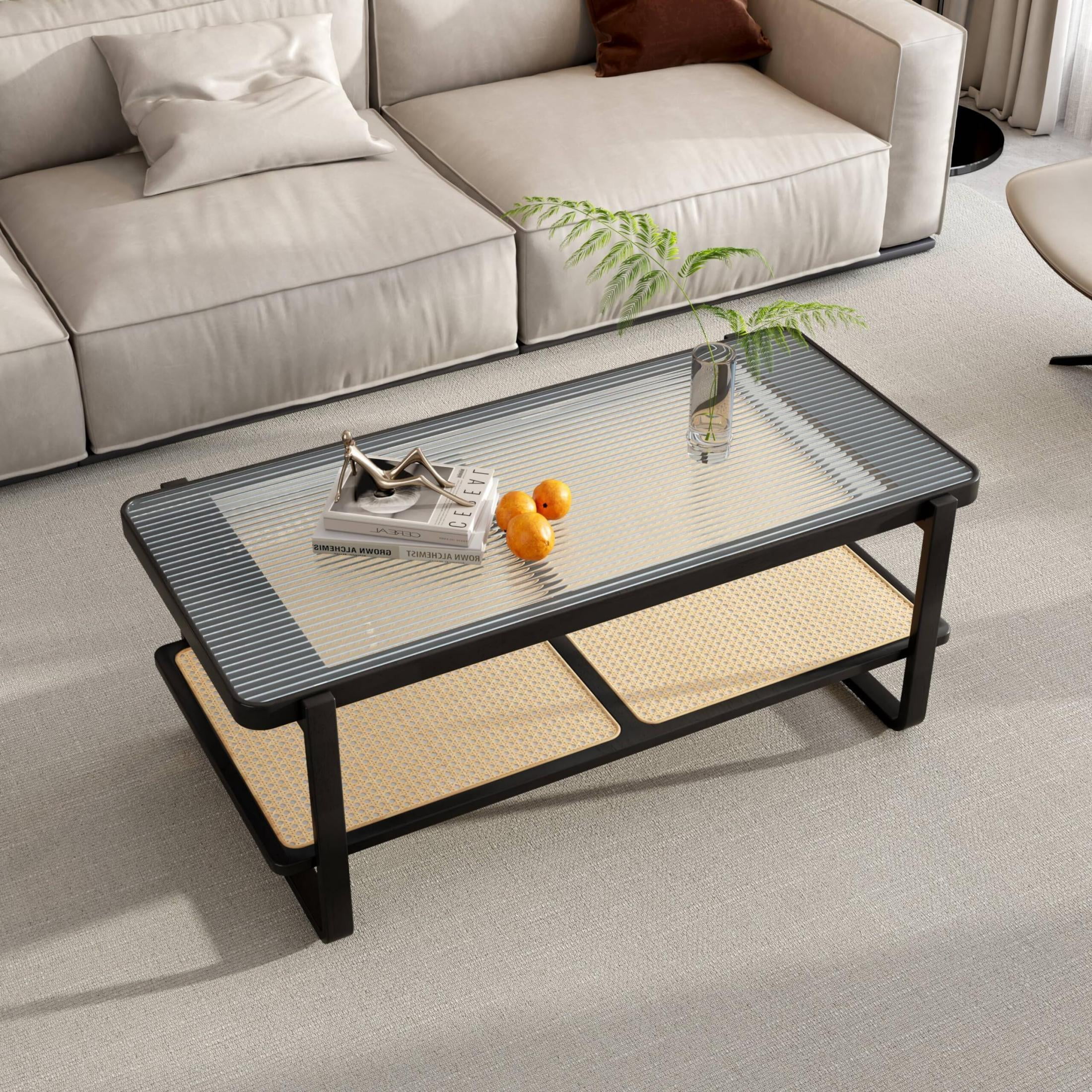 Coffee Table with Round Corners, Modern Double Layer Mitation Rattan ...