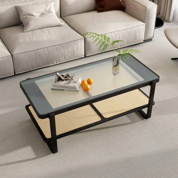 Coffee Table with Round Corners, Modern Double Layer Mitation Rattan ...