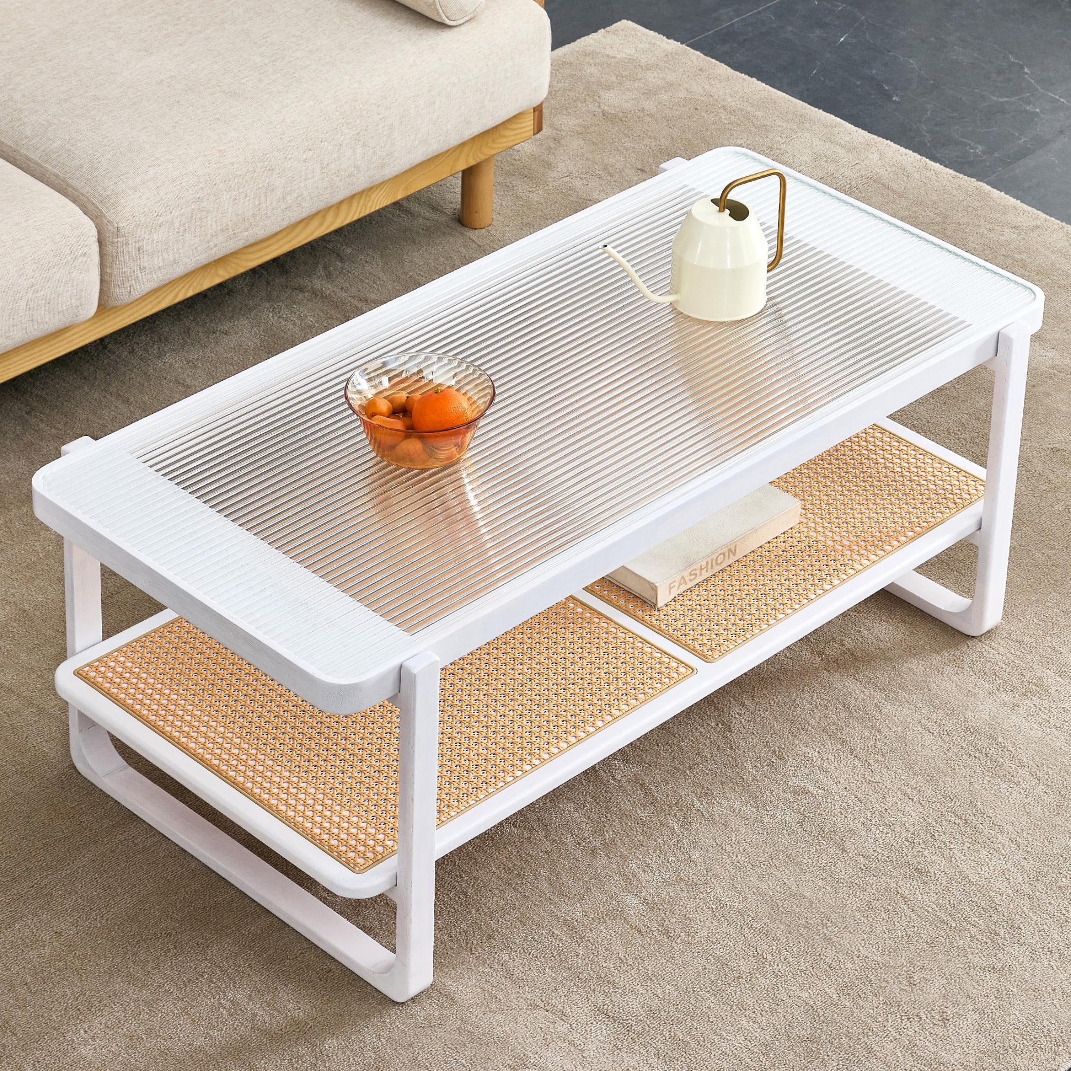 Coffee Table with Round Corners, Modern Double Layer Mitation Rattan ...