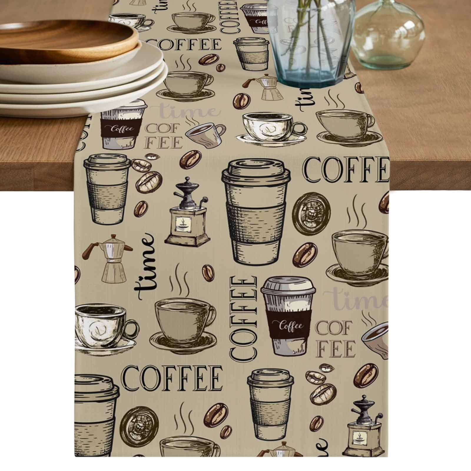 Coffee Table Runner 60 Inches, Khaki Farmhouse Vintage Beans Cups Funny ...