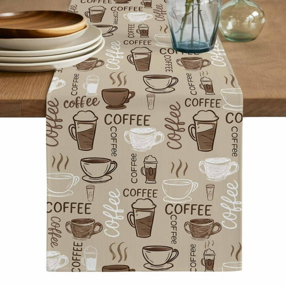 Coffee Table Runner, Beige Farmhouse Retro Beans Latte Tea Cup Funny ...