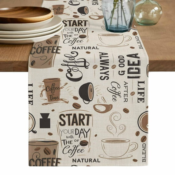 Coffee Table Runner, Brown Beans Cup Dessert Drink Monochrome Washable ...