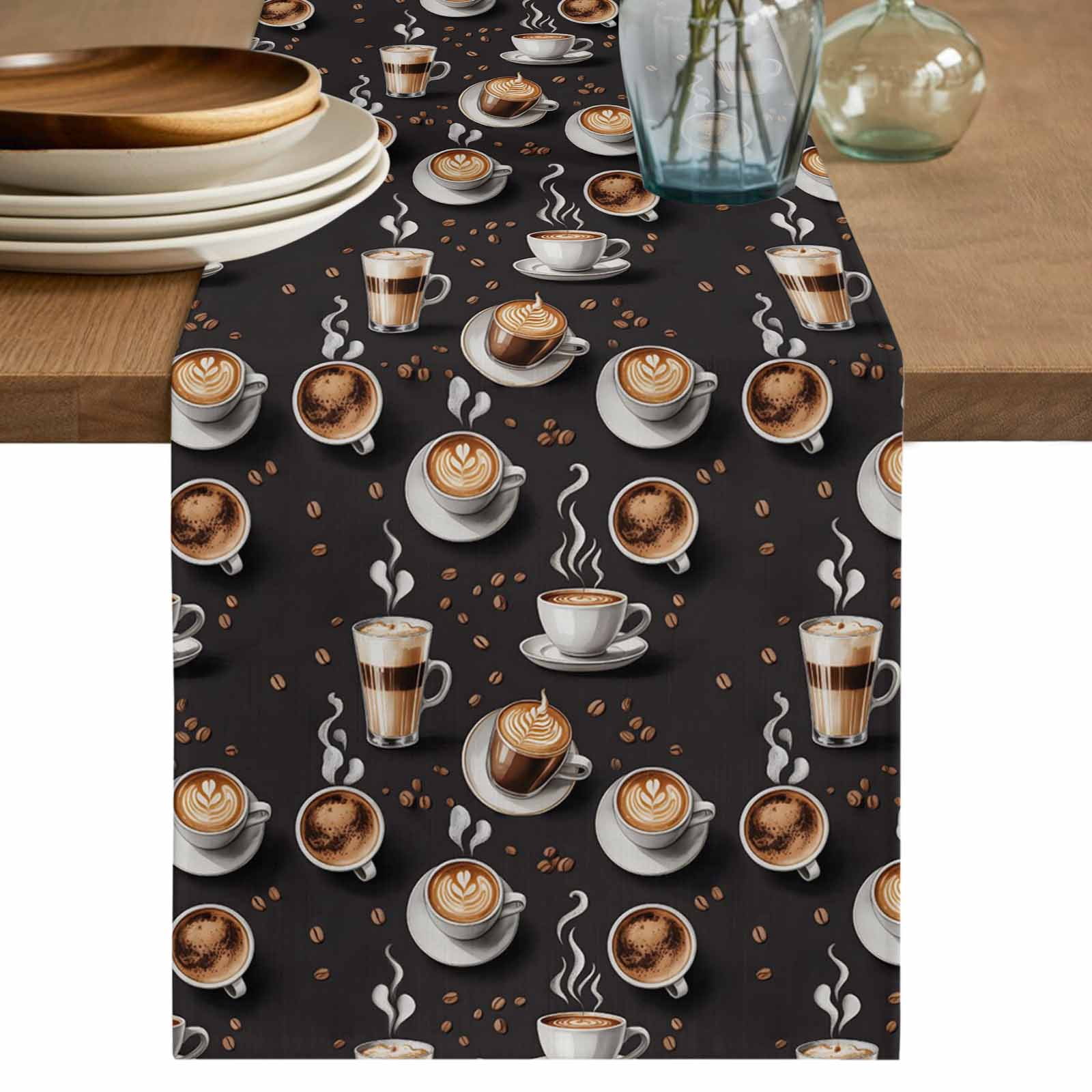 Coffee Table Runner, Hot Cafe Cup Beans Modern Retro Black Washable ...