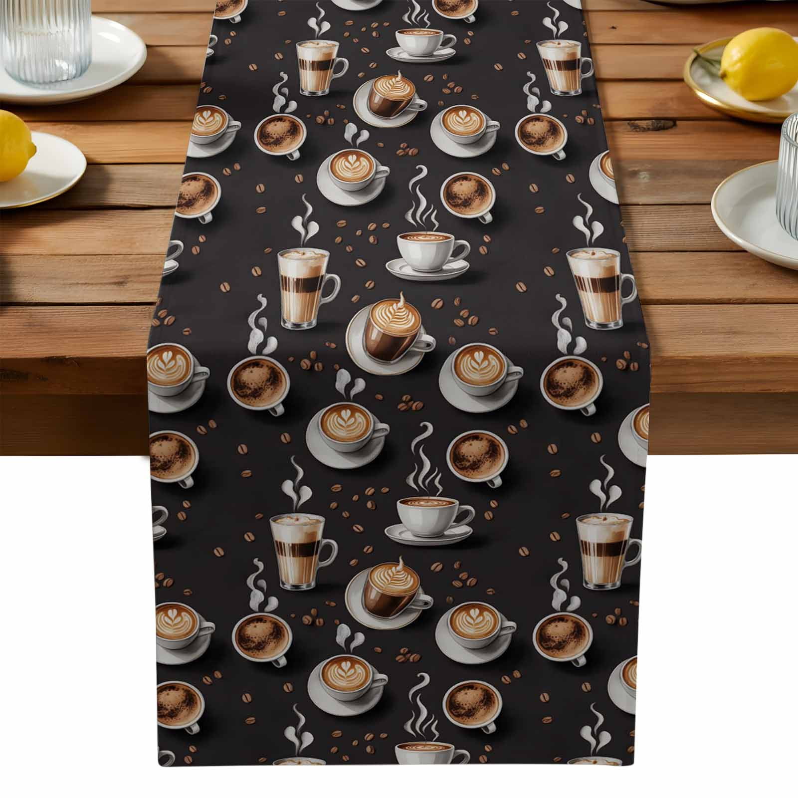 Coffee Table Runner, Vintage Watercolor Hot Coffee Cups Beans Black ...