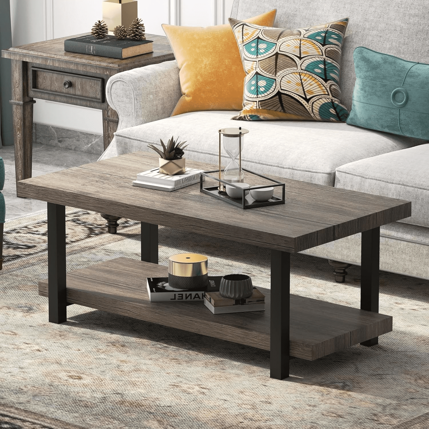 Coffee Table Rustic Vintage Industrial Design Sturdy Metal Frame Legs ...