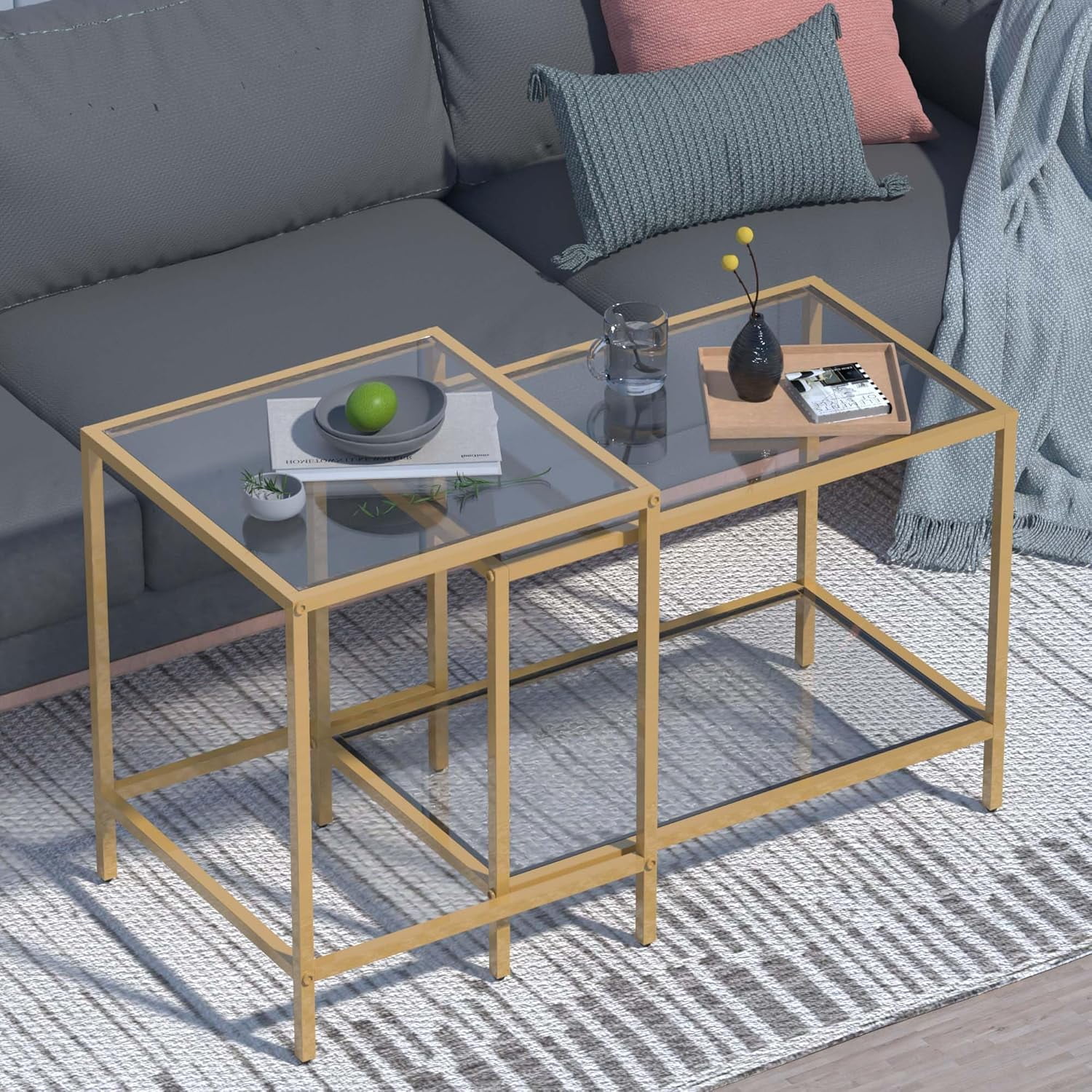 Coffee Table Set of 2,Gold Glass Nesting Coffee Side End Table,Square Modern Center Table for ...